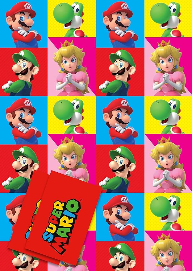 Official Super Mario Gift Wrap - 2 Sheets, 2 Tags for Presents ...