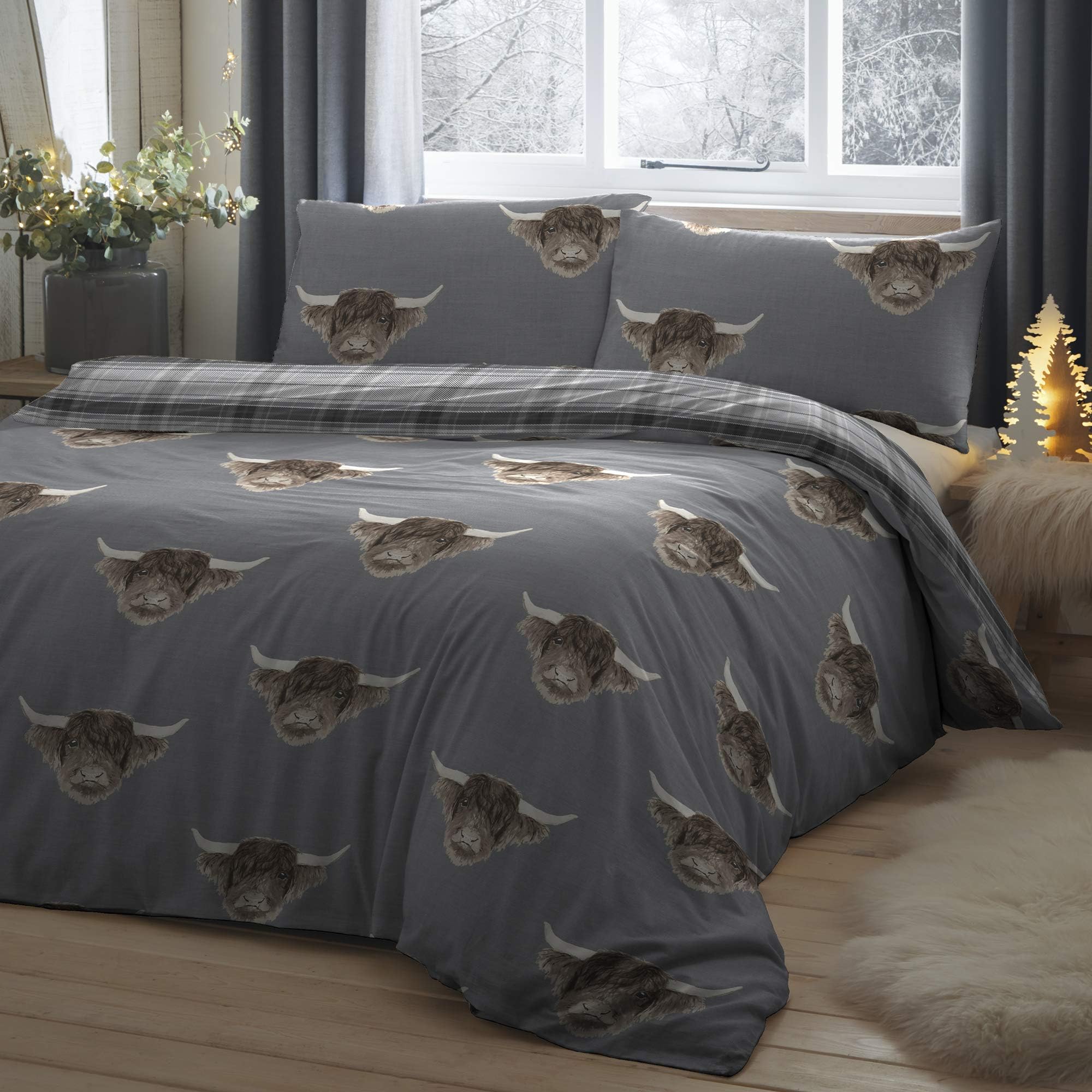 Fusion - Highland Cow Duvet Cover - Double Bedding Size (200 x 200cm) - Reversible Design - Grey ...