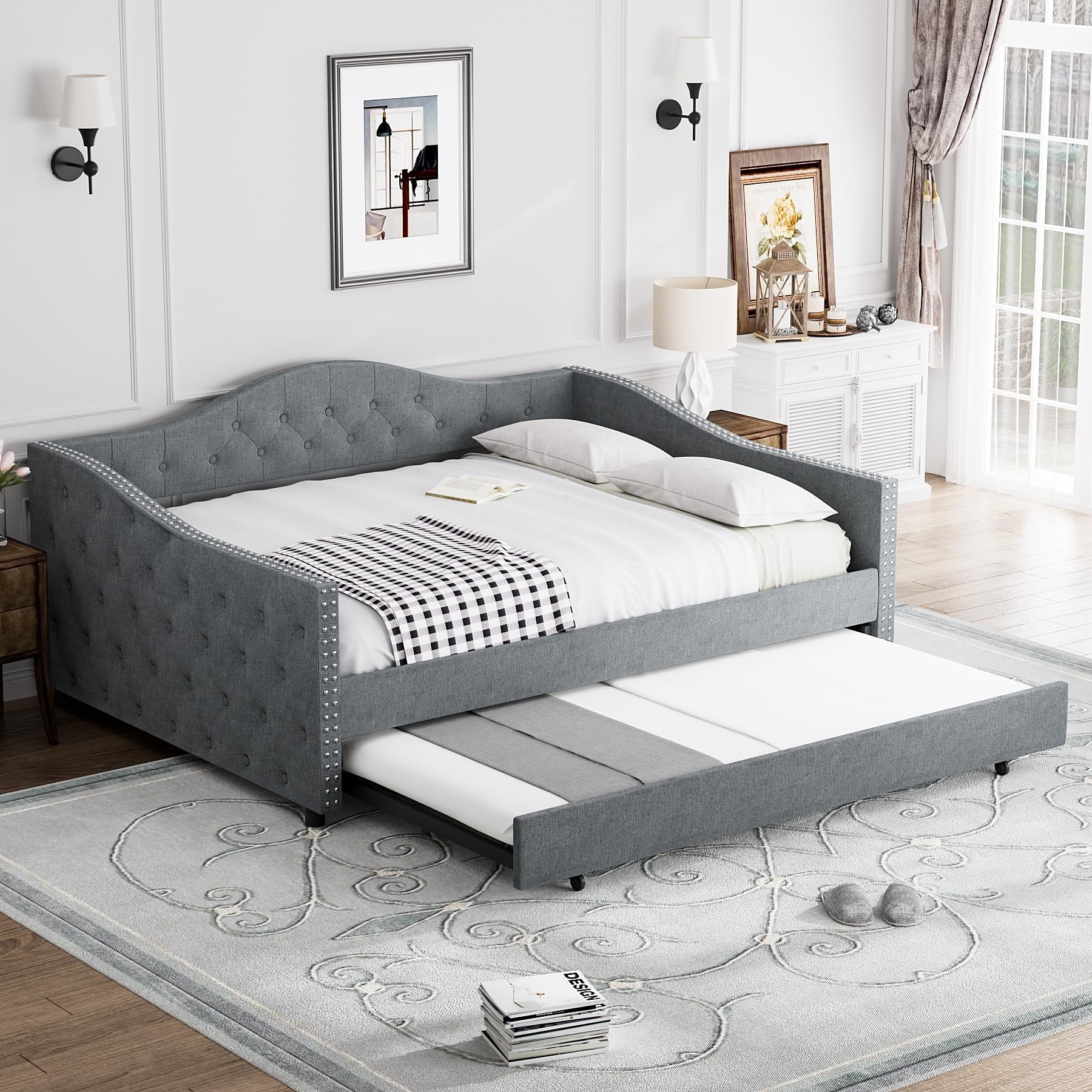 Amazon.com: OUYESSIR Full Size Daybed with Trundle, Upholstered Day Bed ...