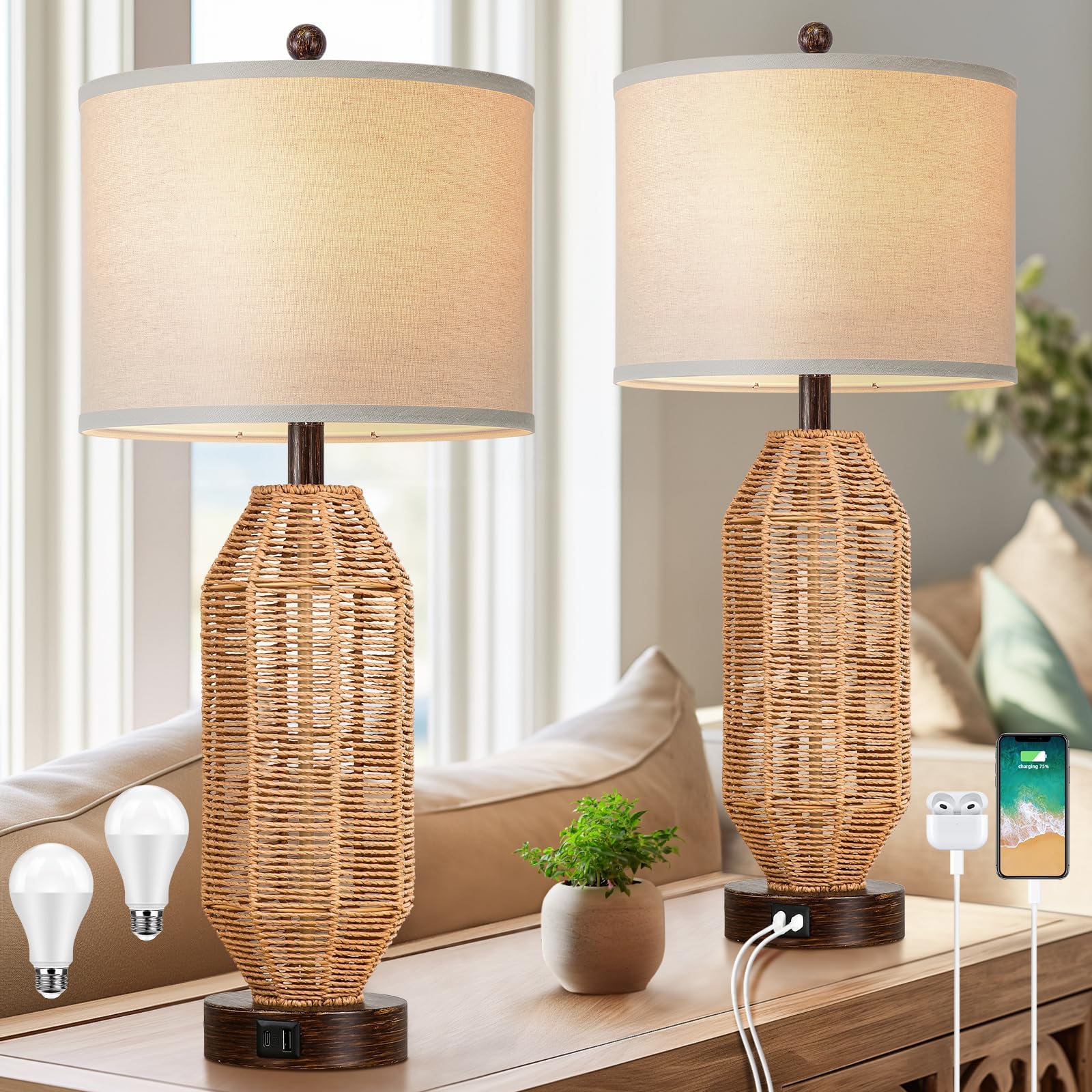 AUZONIMICS Rattan Table Lamp Set of 2, 27 inch Large Wicker Table Lamp ...