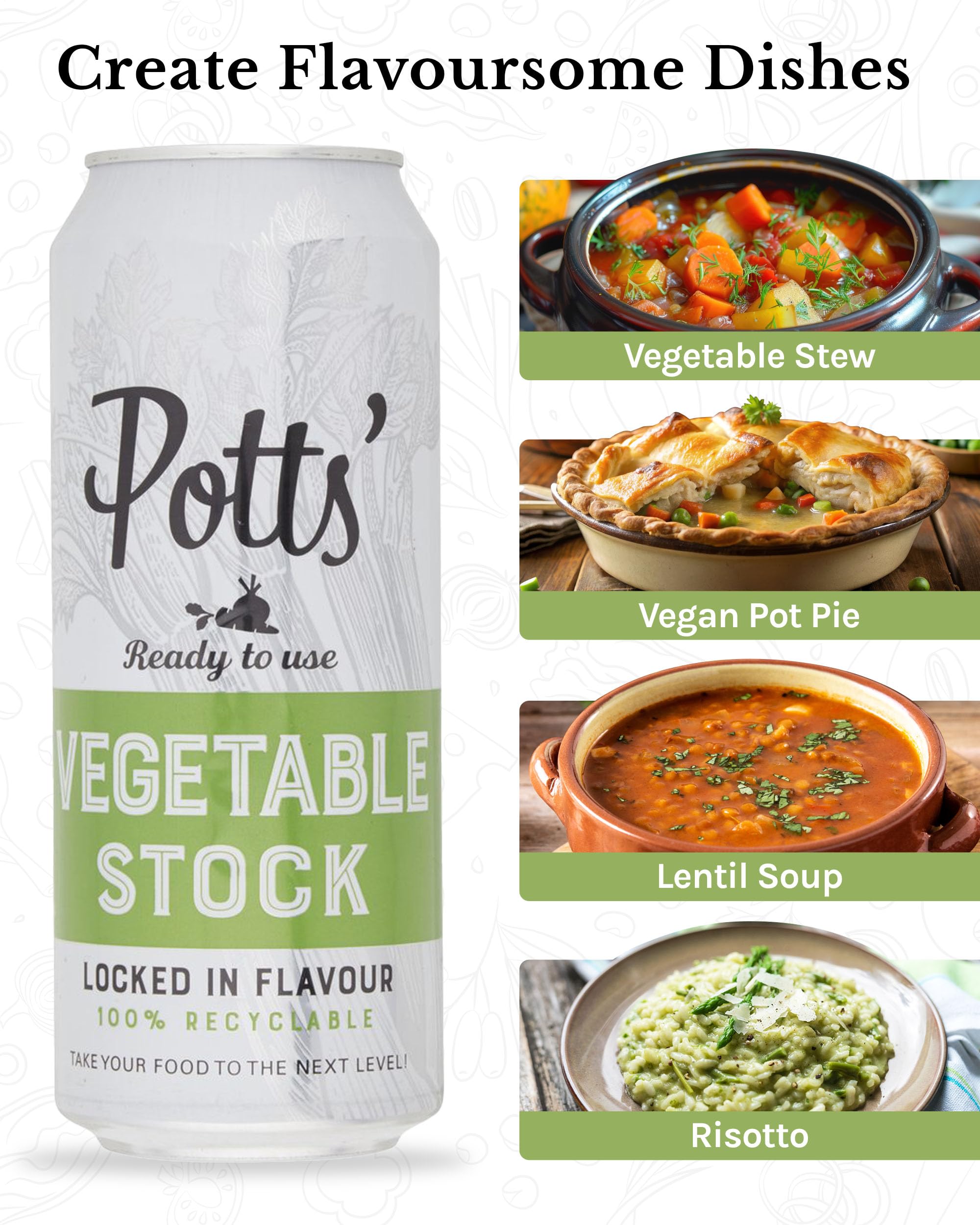 Volume Box Vegetable Broth Potts' Vegetable Stock In Can, 500ml, Pack