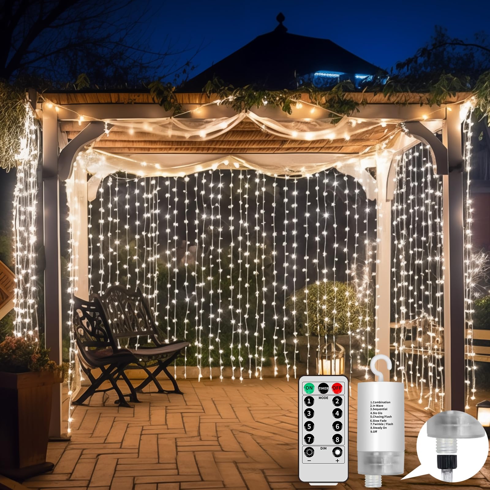 Upgraded 300LED Curtain Lights Battery Operated Outdoor Waterproof ...