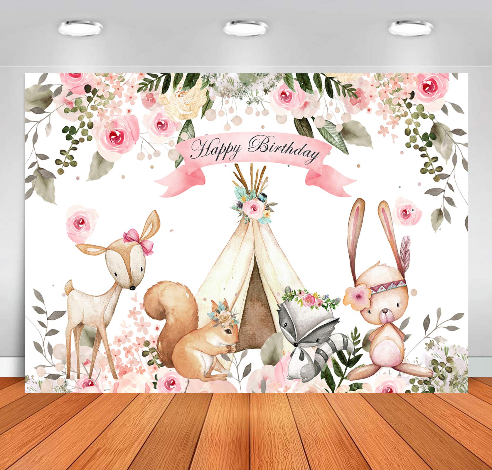 Buy Sensfun Girl Woodland Animals Birthday Backdrop Pink Watercolor ...