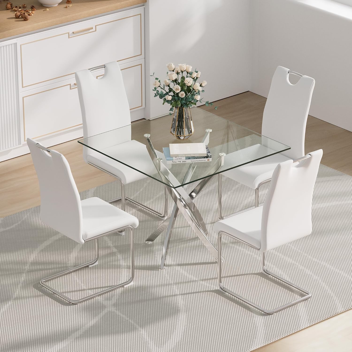 Amazon.com - 5 Piece Square Glass Dining Table Table Set, Square Glass ...