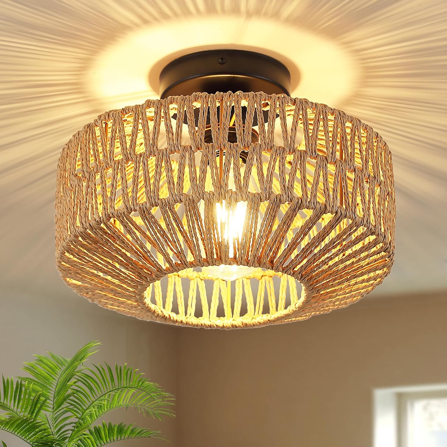 HUISHU Boho Flsuh Mount Ceiling Light,Mini Ratten Ceiling Light Fixture ...