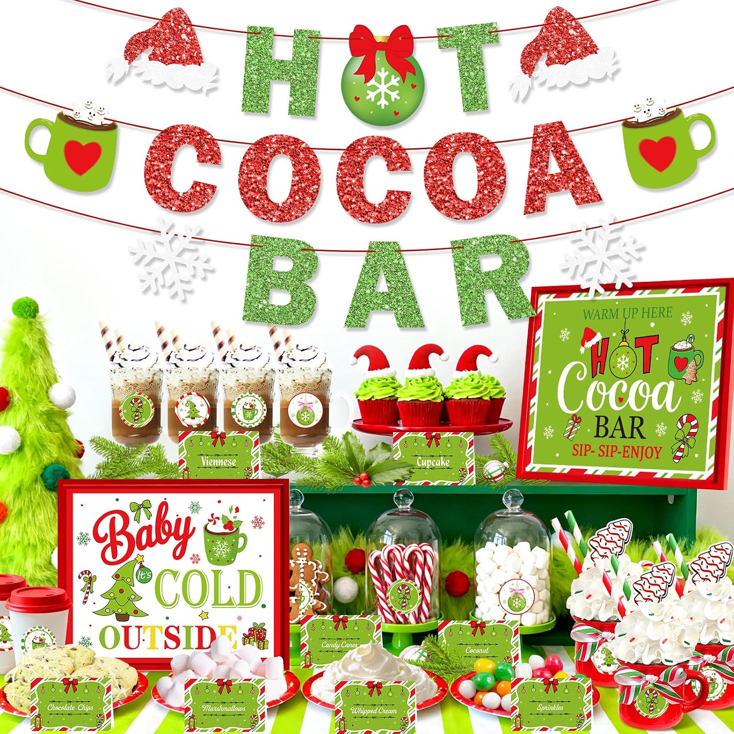 Amazon.com: Hot Chocolate Bar Kit Hot Cocoa Bar Banner Christmas Red ...