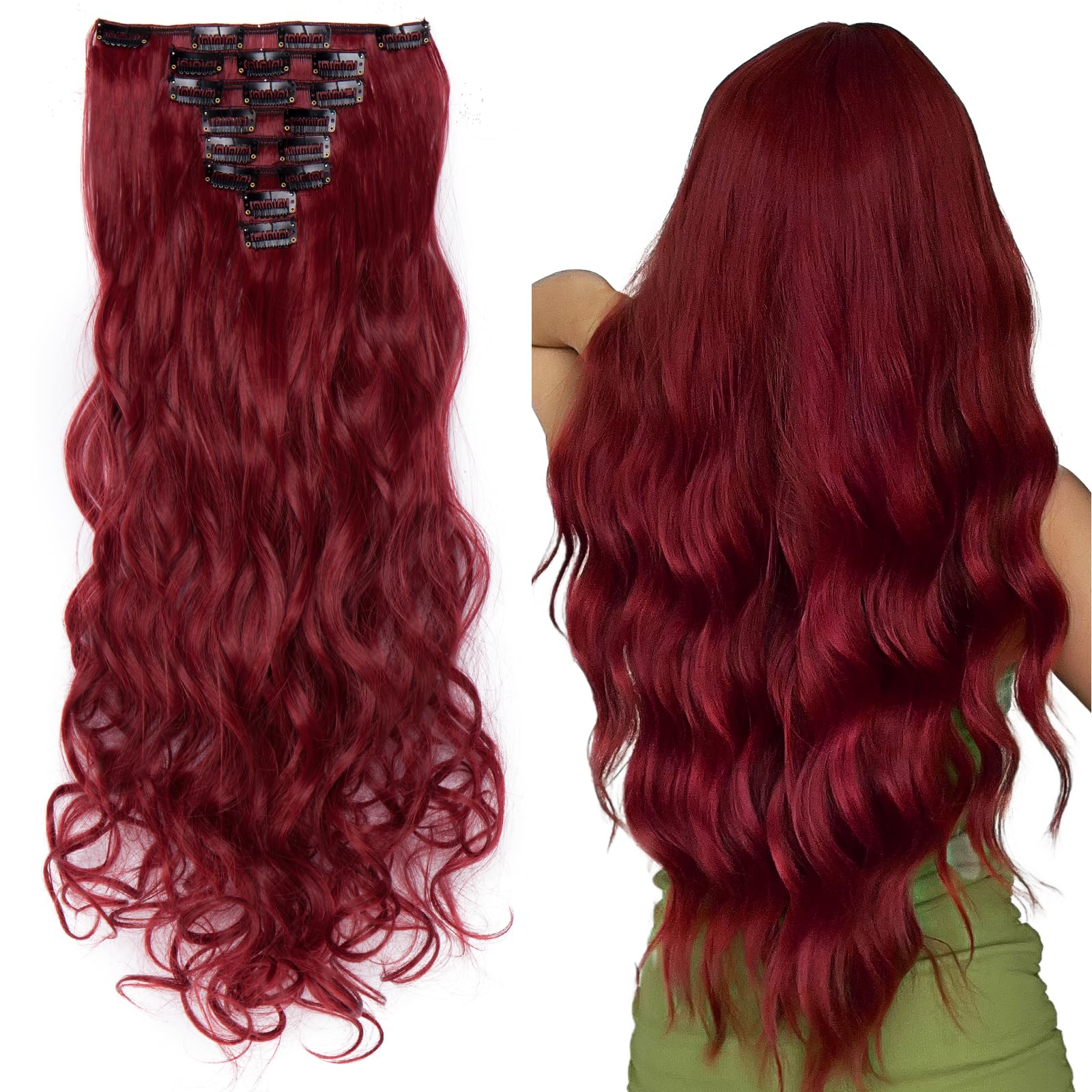 Silk-co Clip in Hair Extensions 24 inch Maroon&Dark Red 100% Synthetic ...
