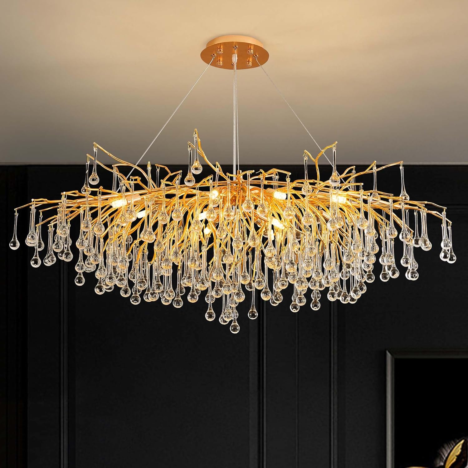 Upfelw Modern Crystal Raindrop Chandelier, L40'' Gold Linear Rectangle ...