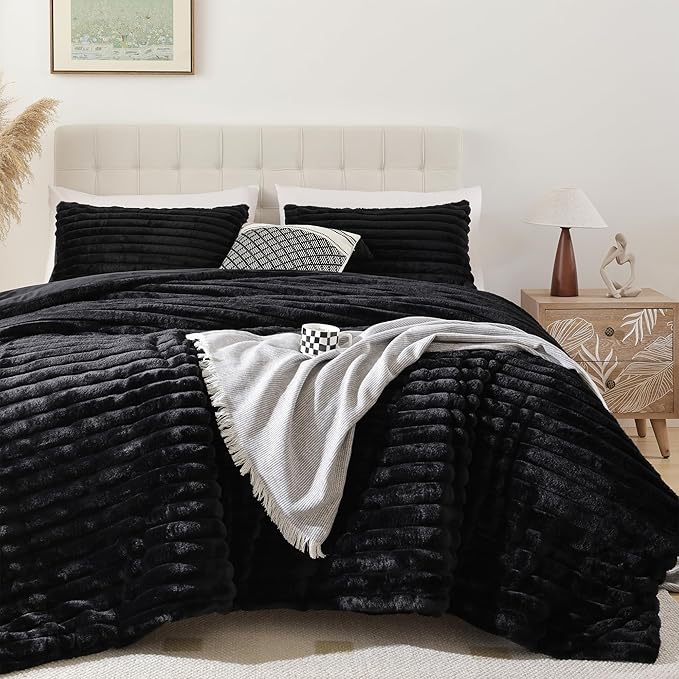 Amazon.com: Smoofy Fluffy Queen Comforter Set 3 Pieces - Black Fleece ...