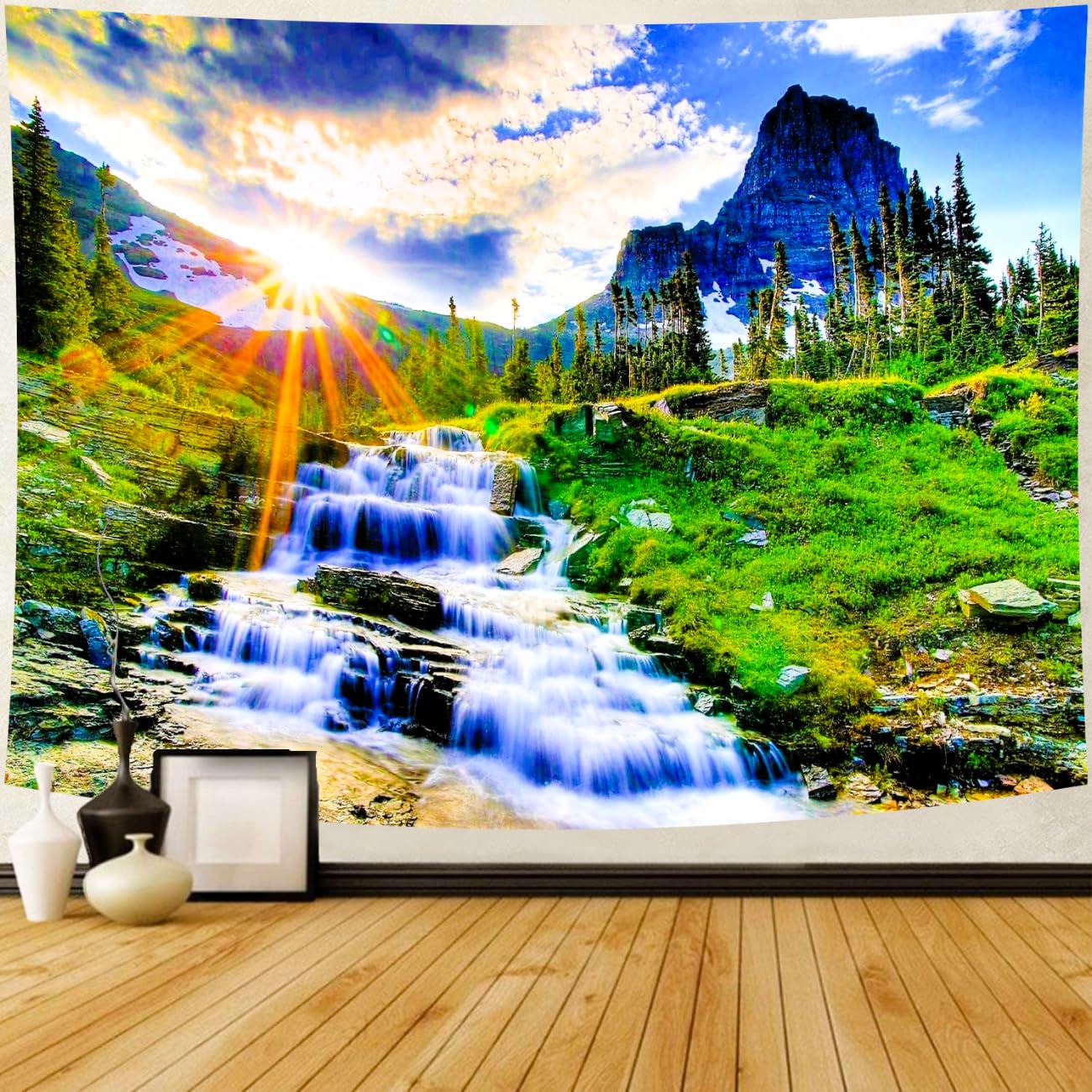Amazon.com: Delur Mountain Waterfall Tapestry Sunset Forest Tapestry ...