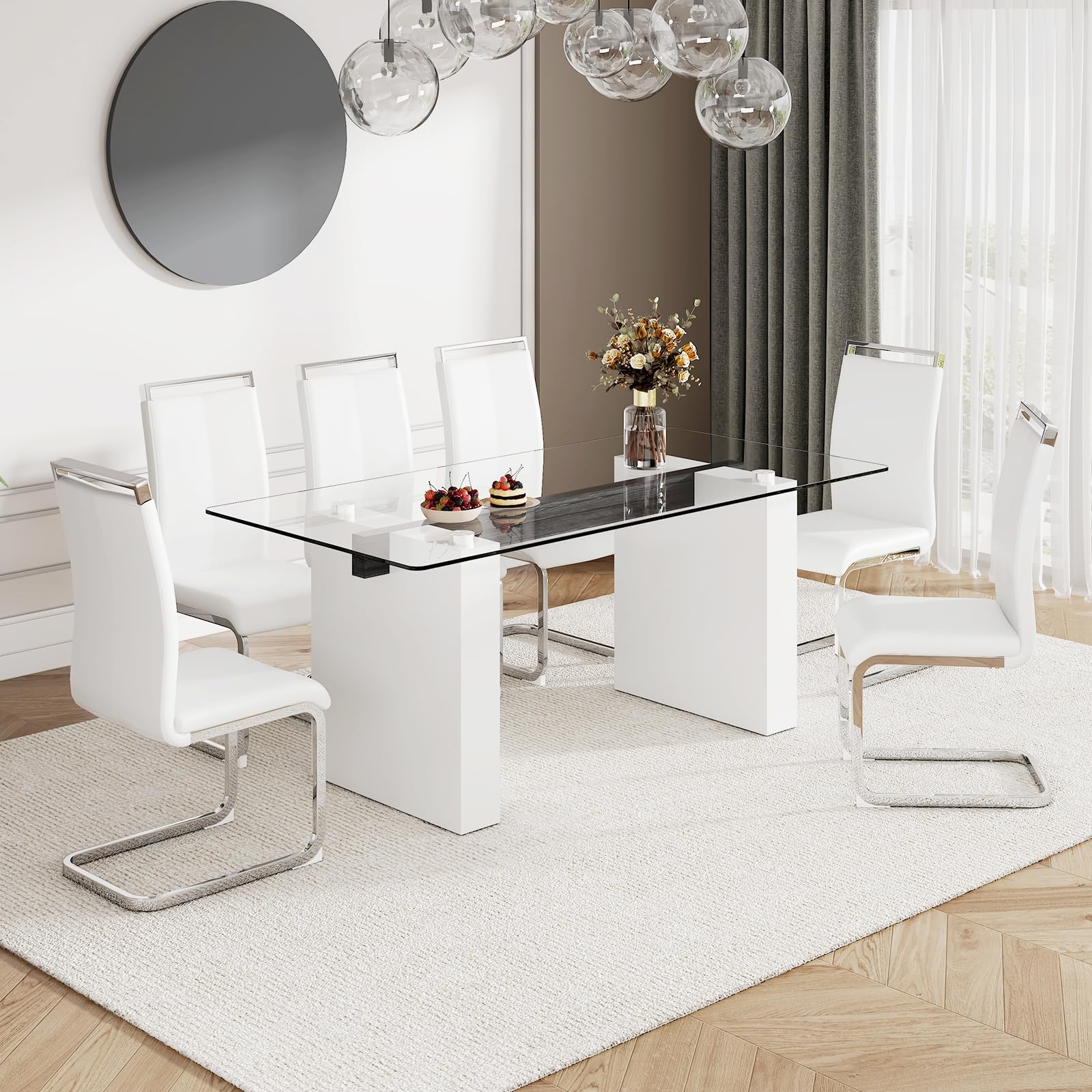 Amazon.com - Henf 7 Piece Kitchen Dining Table Set, 63 inch Glass ...