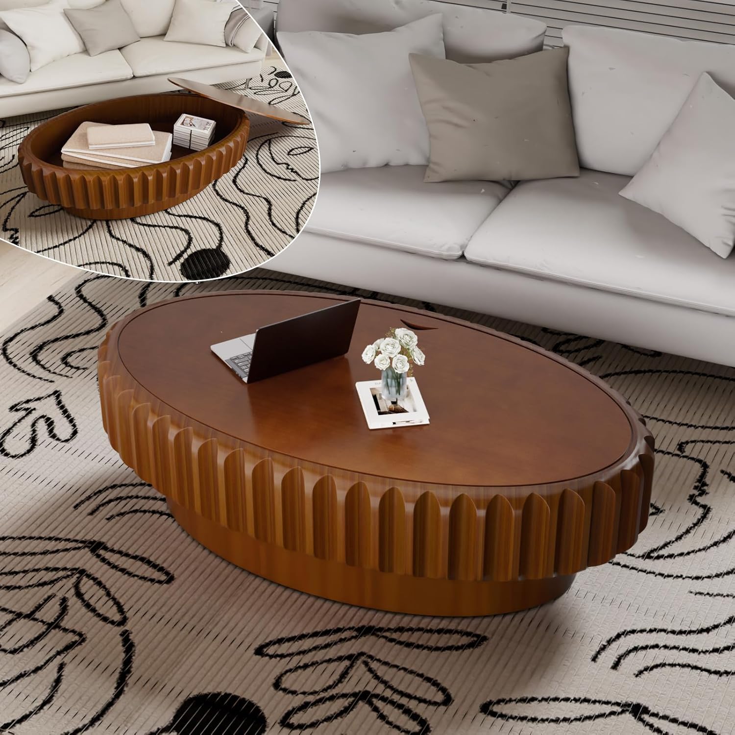 Amazon.com: Modern Oval Coffee Table with Storage, Solid Wood Fluted ...