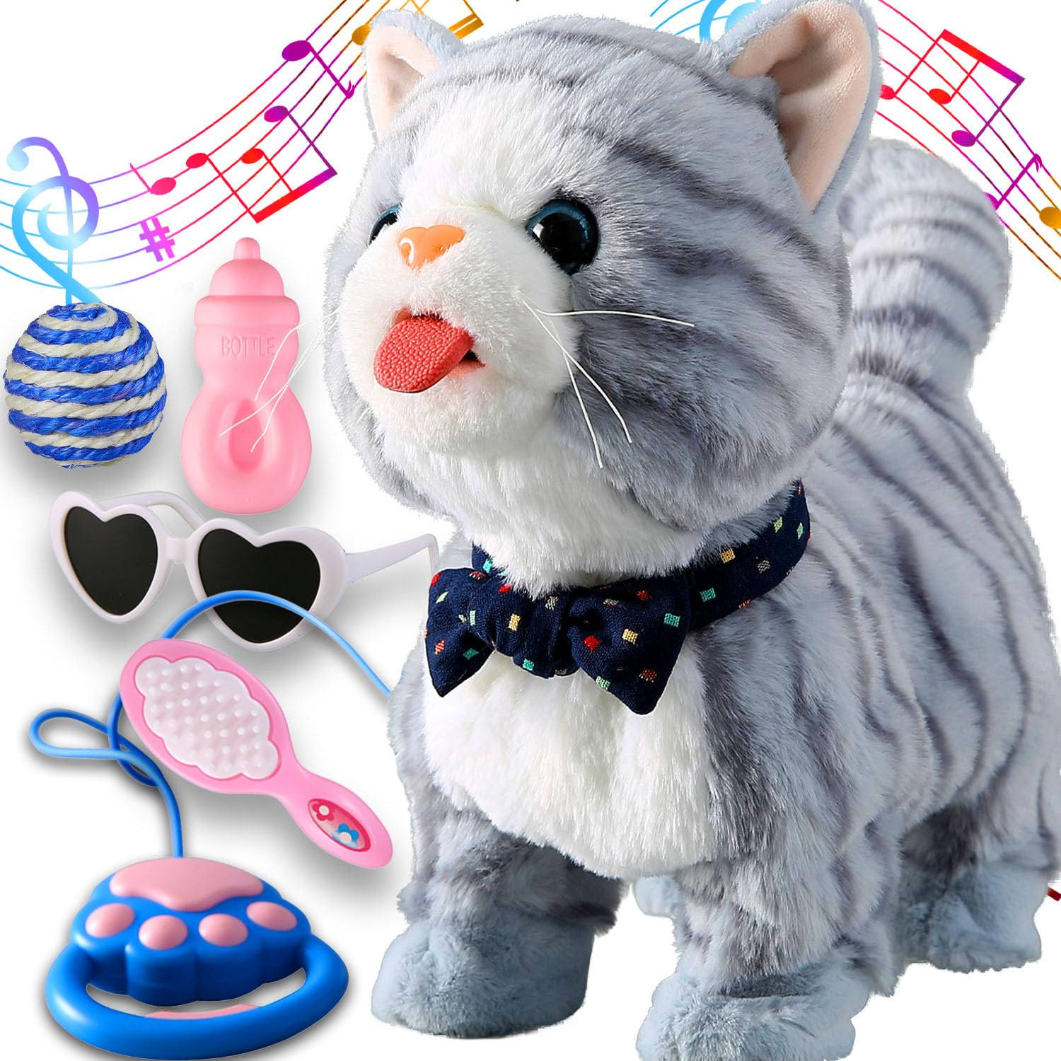 Amazon.com: Gray Leash Walking Cat Set Interactive Talking Cat Singing ...
