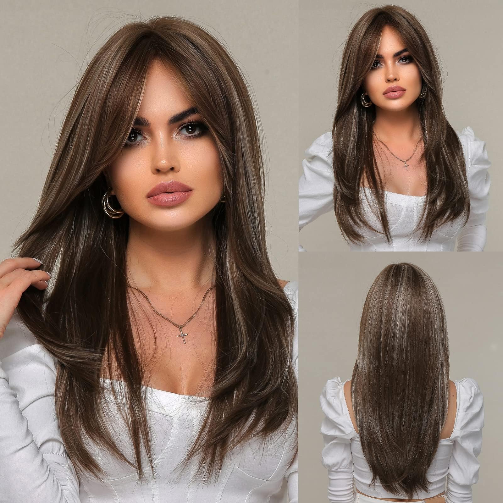 Amazon.com : EMMOR Brown Wigs for Women,Long Layered Wigs with Curtain ...