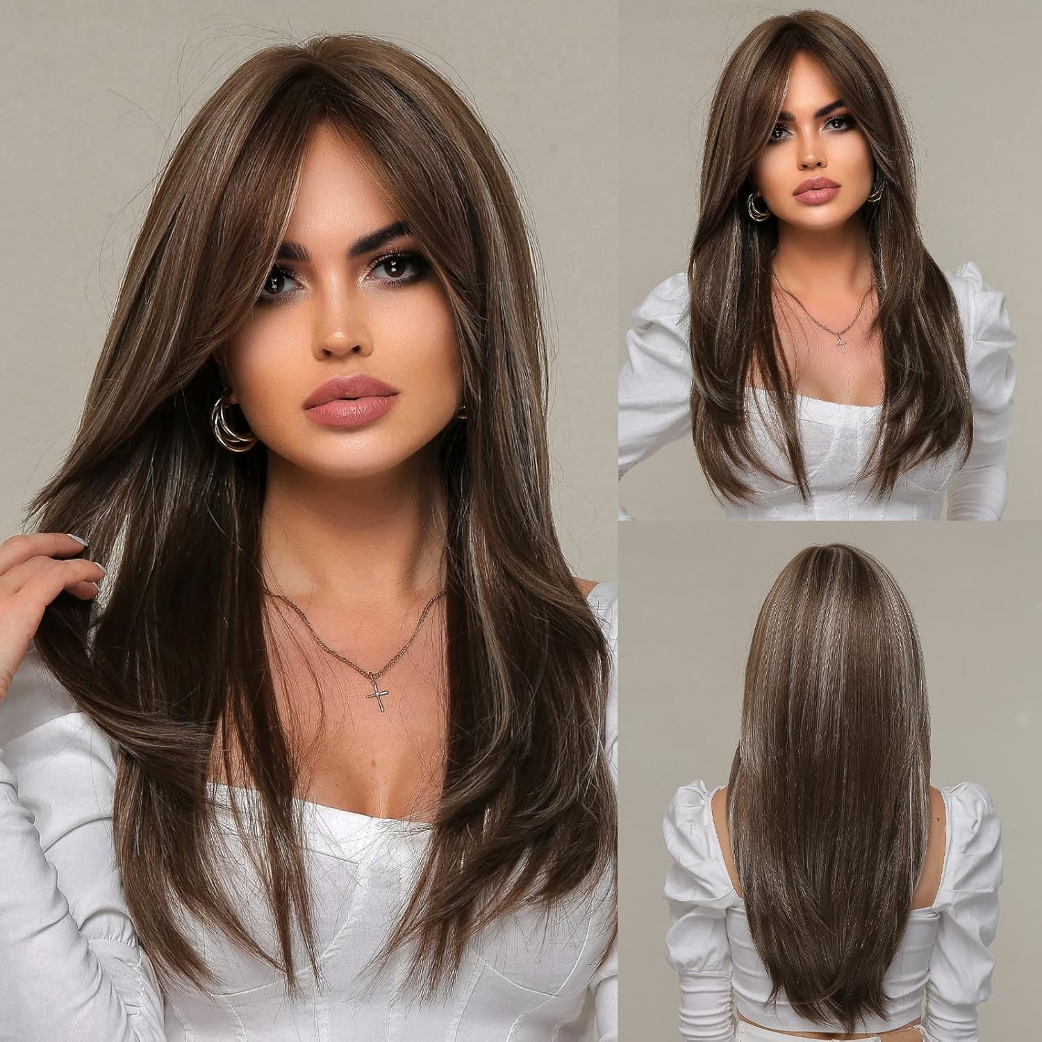 Amazon.com : EMMOR Brown Wigs for Women,Long Layered Wigs with Curtain ...
