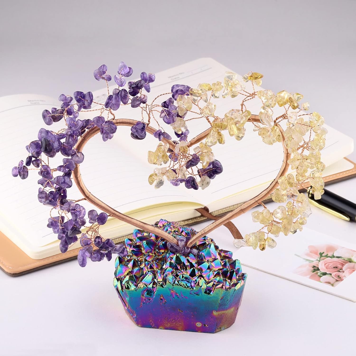 Amogeeli Heart Shaped Crystal Bonsai Tree with Titanium Coated Rock ...