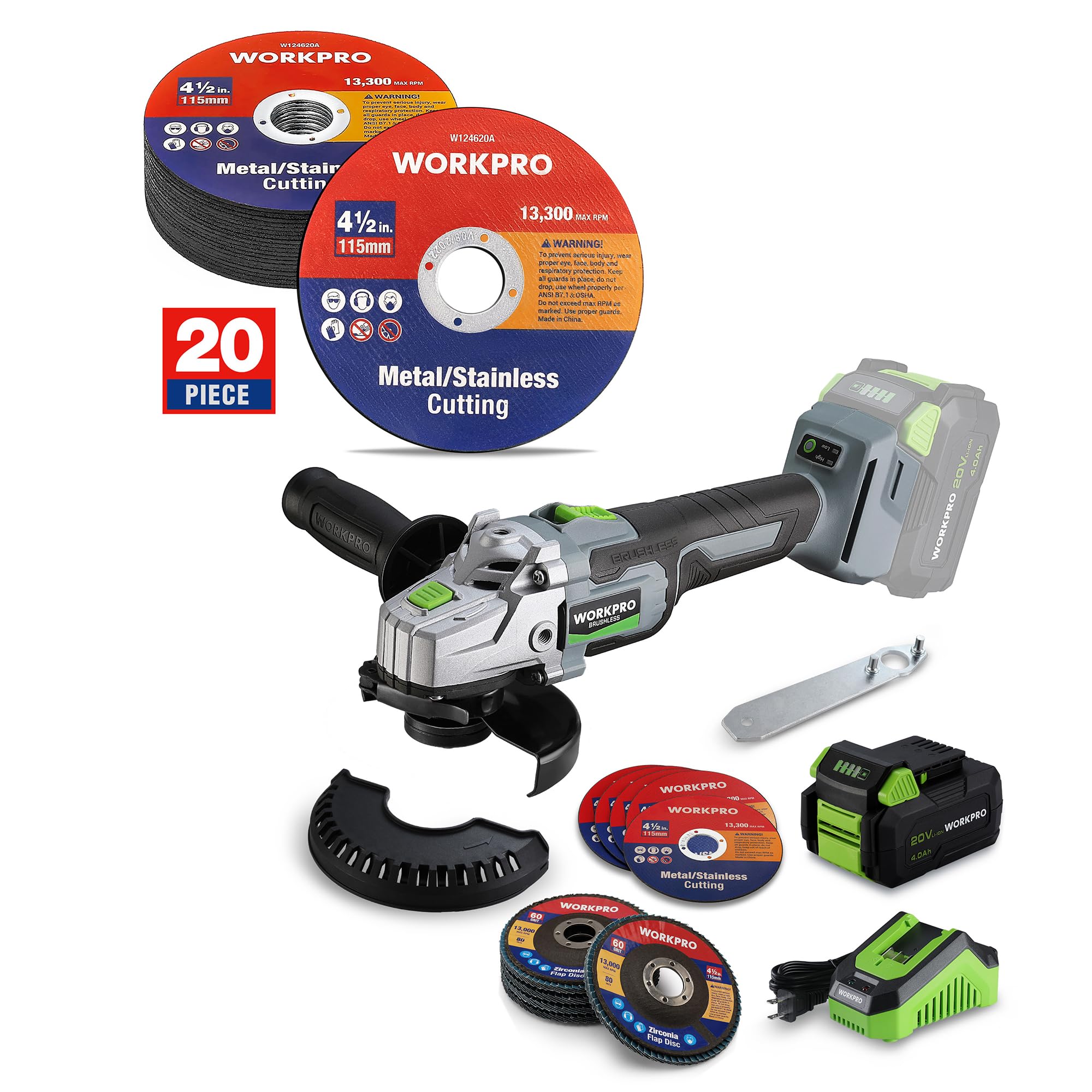 WORKPRO Cordless Angle Grinder, 20V Brushless Grinder with 4.0Ah ...