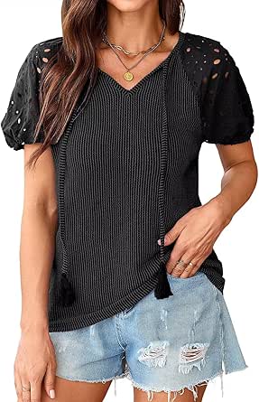 Falechay Womens Tops V Neck Puff Eyelet Sleeve Blouses Dressy Casual ...