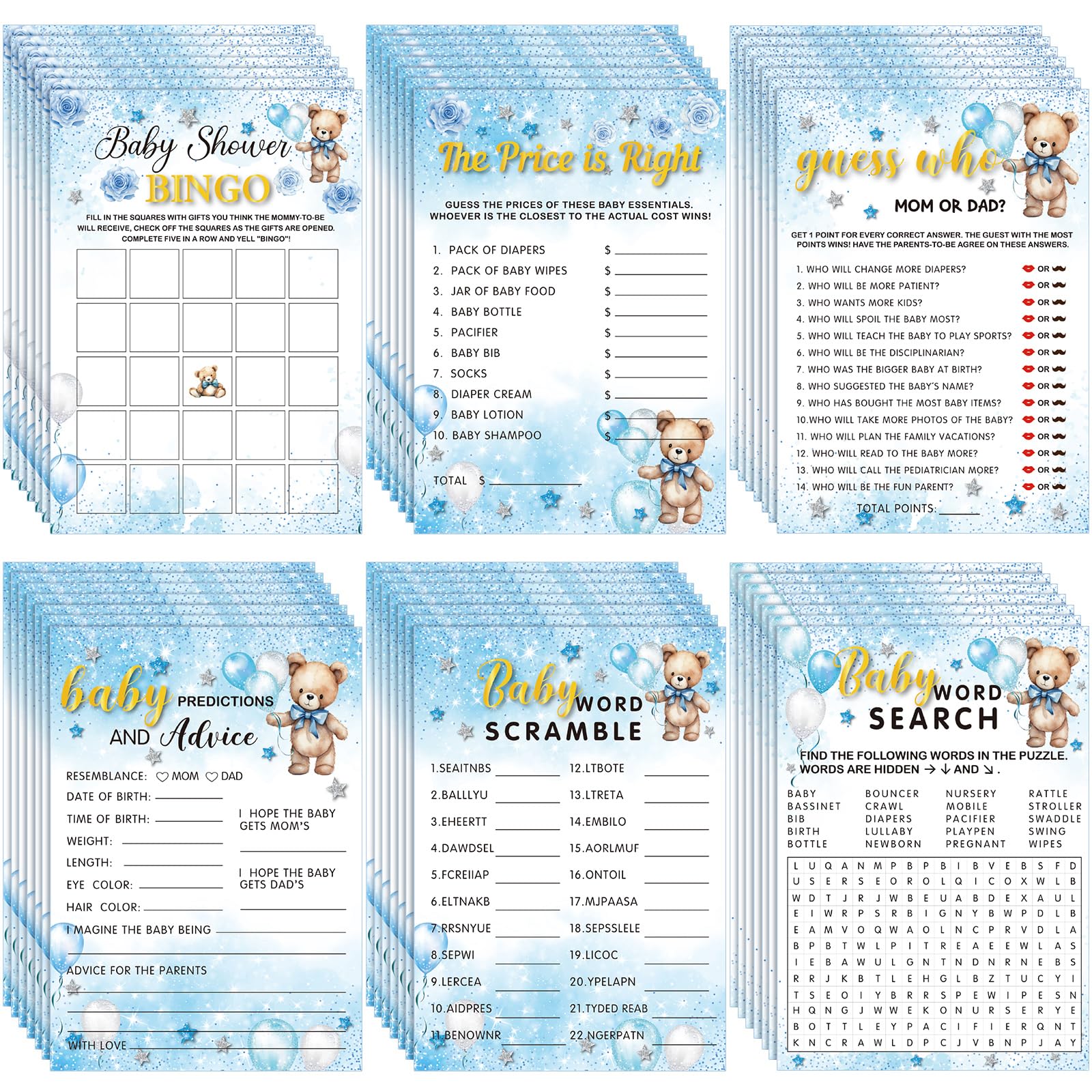 Amazon.com: Jetec 302 Pcs Bear Baby Shower Games Set 6 Games Include ...