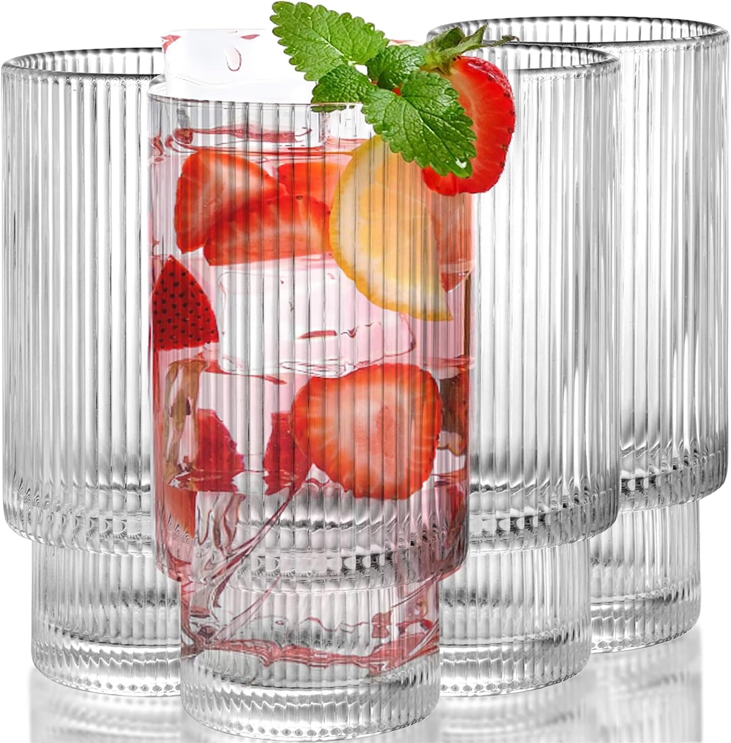 Amazon.com | DEAYOU 4 Pack Ribbed Drinking Glasses, 10 OZ Clear ...