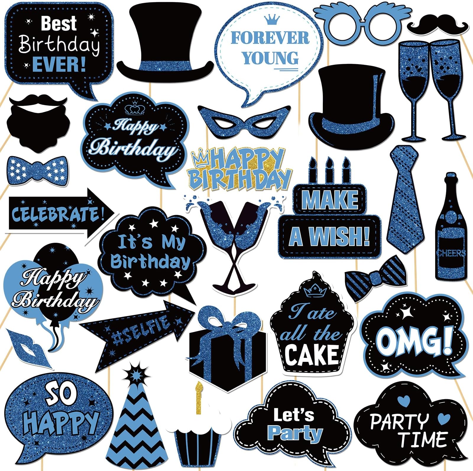 Amazon.com: 30 Pcs Blue Boys Men Birthday Photo Booth Props Kit, Happy ...