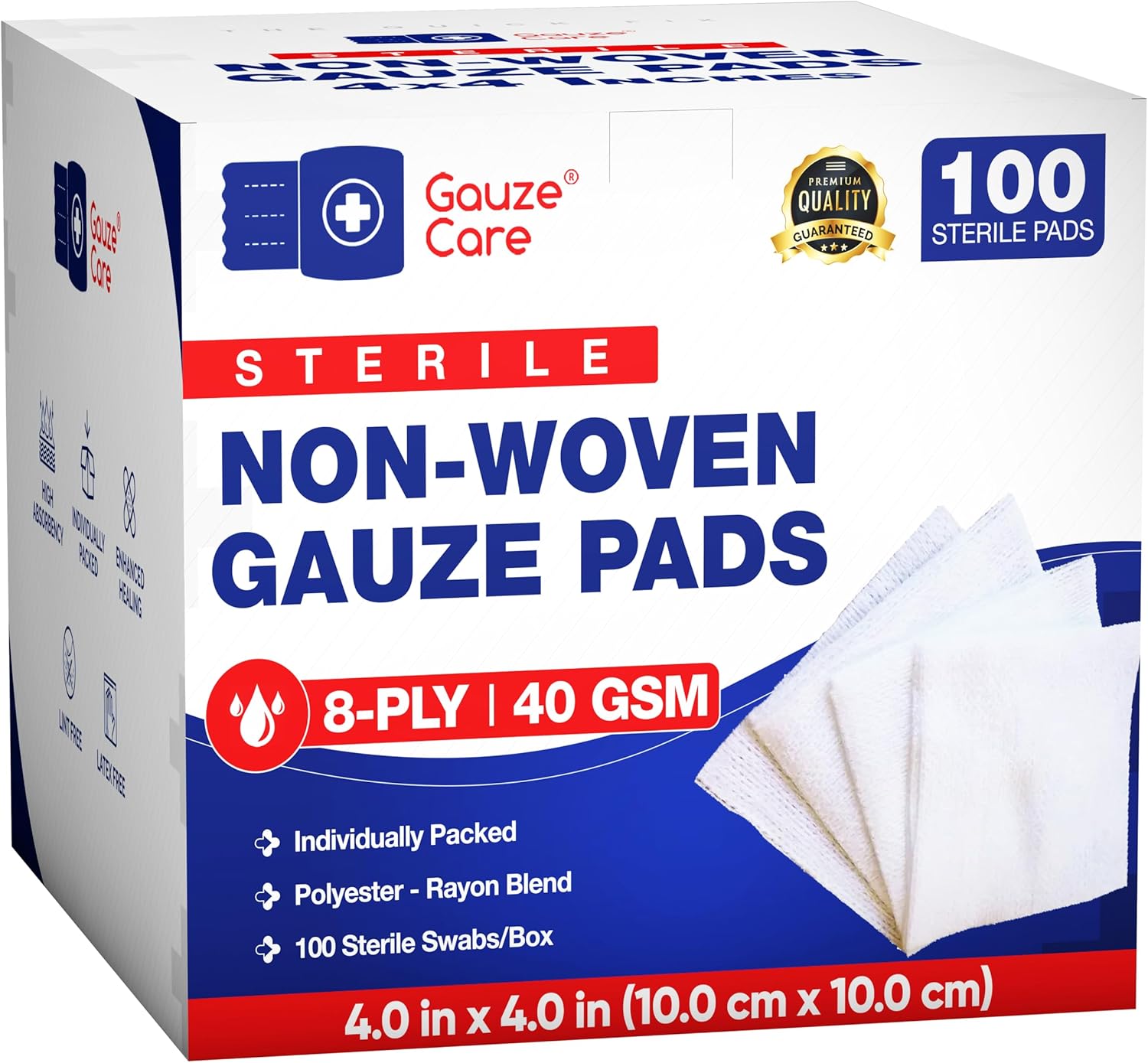 Amazon.com: Gauze Care Non-Woven Sterile Gauze Pads 4x4, Pack of 100, 8-Ply, Soft, Lint-Free ...