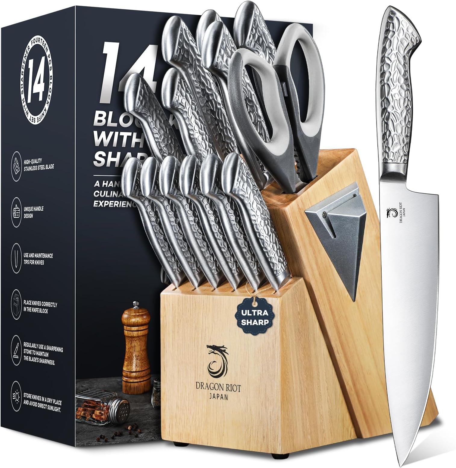 Amazon.com: 14 PCS Knife Set with Wood Block - Stainless Steel Kitchen ...