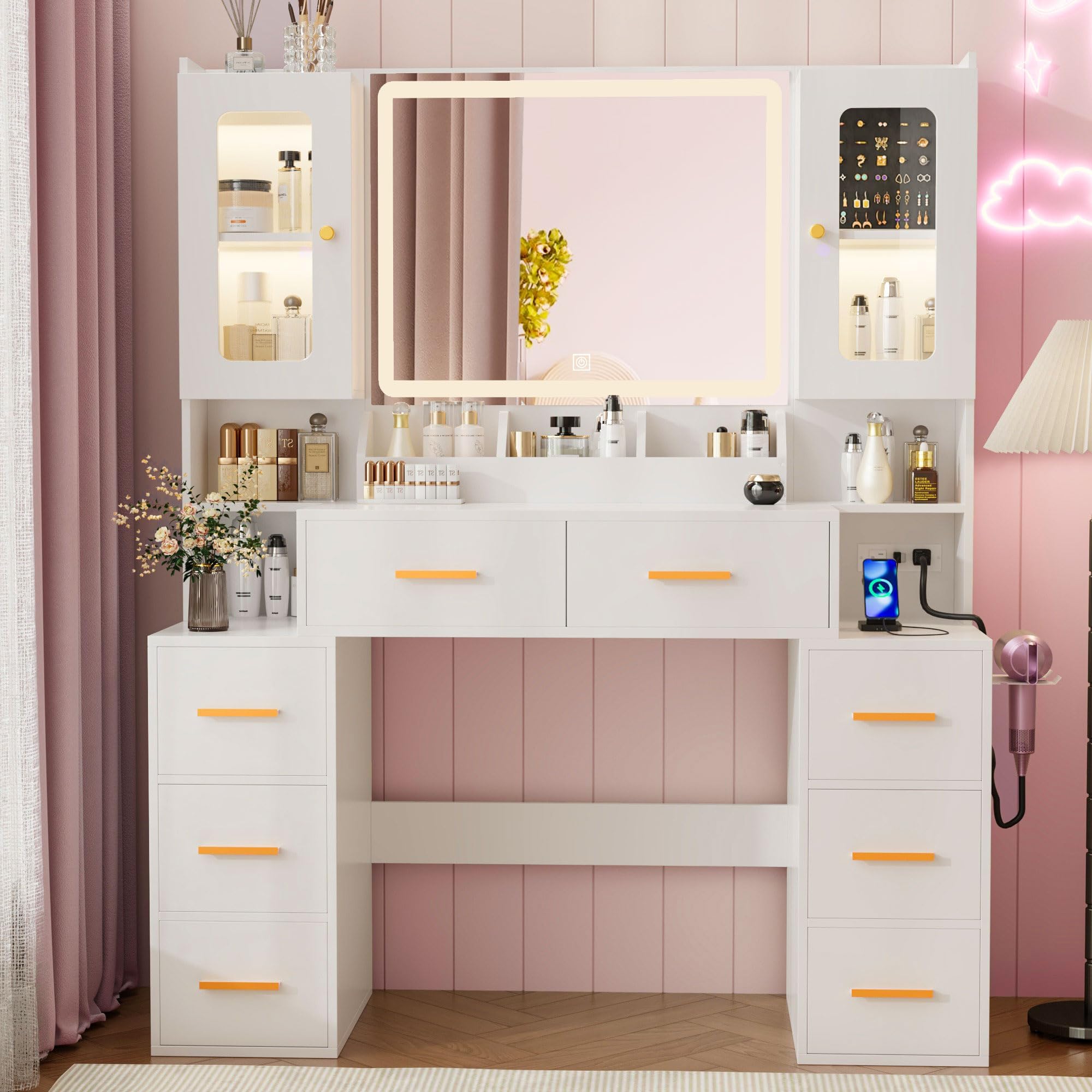 White Vanity Set With Lighted Mirror Vanity Desk With LED Lights Mirror & Power , Small Makeup ...