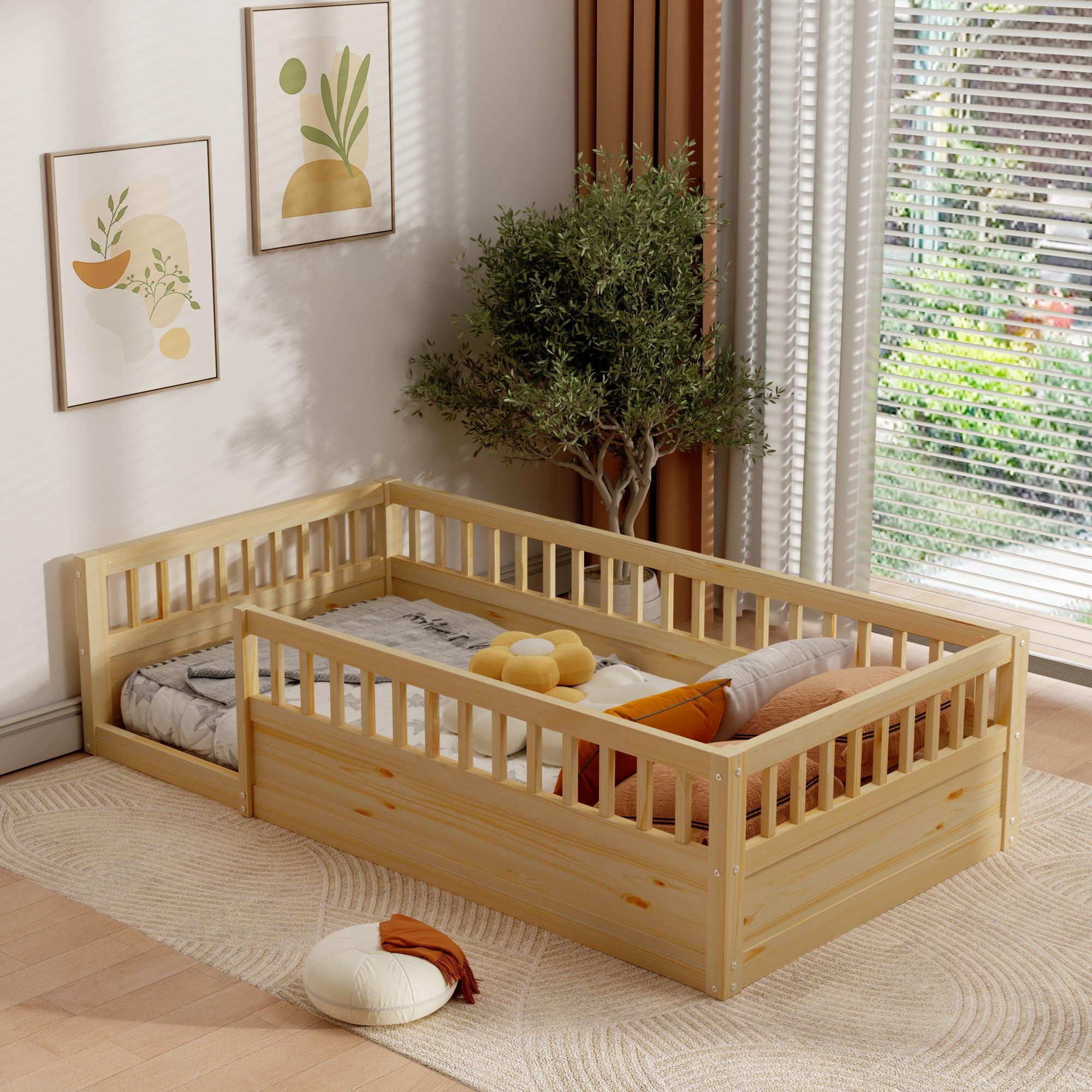 Amazon.com: Tatub Twin Montessori Floor Bed with High Rails, Solid Wood ...