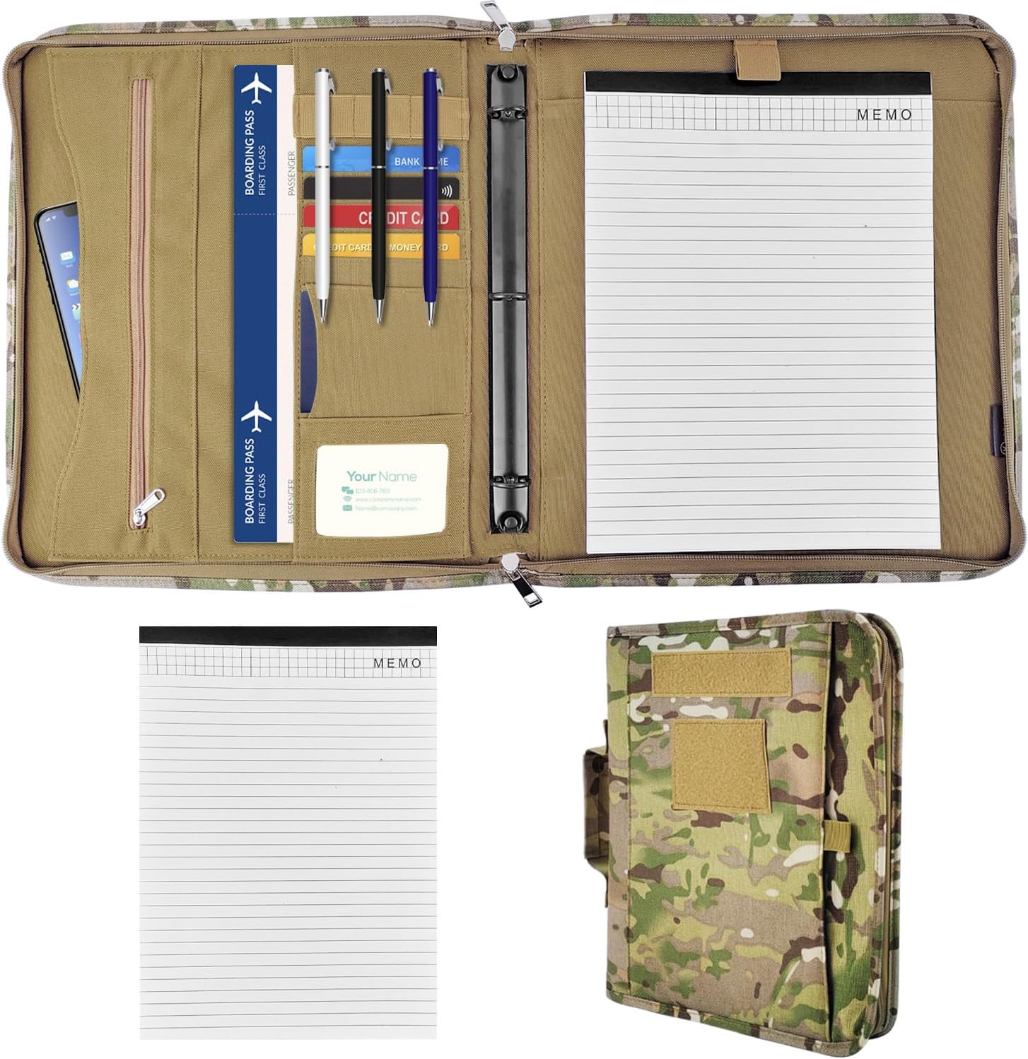 Tactical Padfolio Portfolio Binder, Army Military Padfolio Ring Binder with Zippered and 25 ...