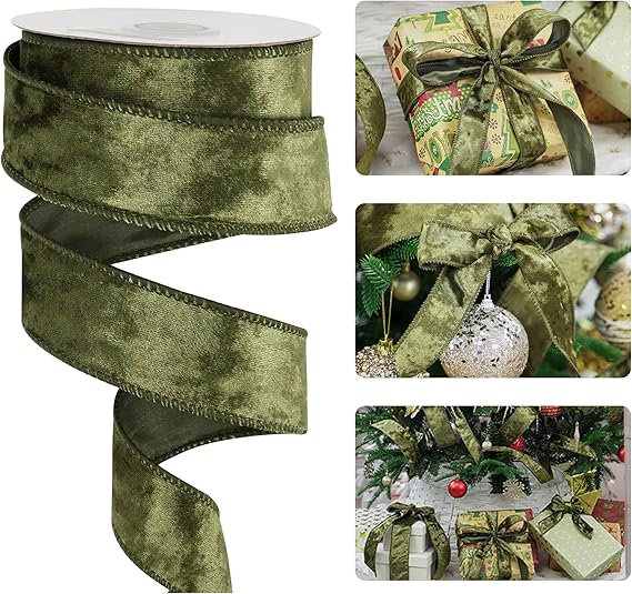 Amazon.com: HUIHUANG Velvet Wired Ribbon 1-1/2 inch, Olive Green Velvet ...