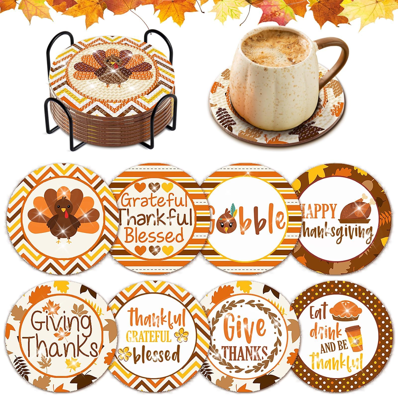 Amazon.com: 8 Pcs Thanksgiving Day Diamond Coasters Kits with Holder ...