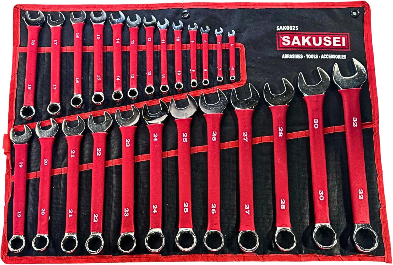 Sakusei 25-Piece Combination Spanner Set, 6-32mm Metric Sizes, Red Soft ...