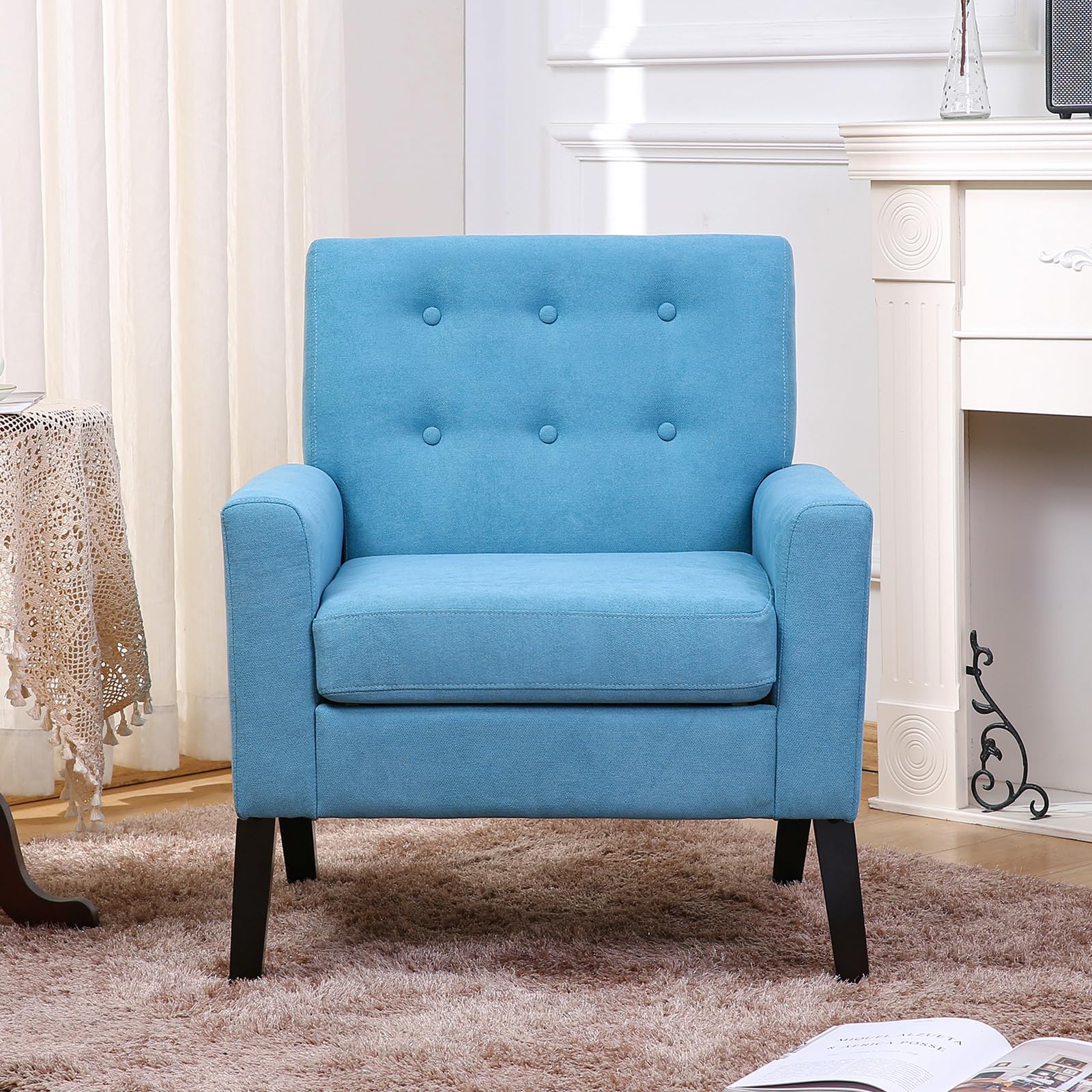 Blue Accent Chair, Single Sofa Chair with Button Tufted & Wood Legs ...
