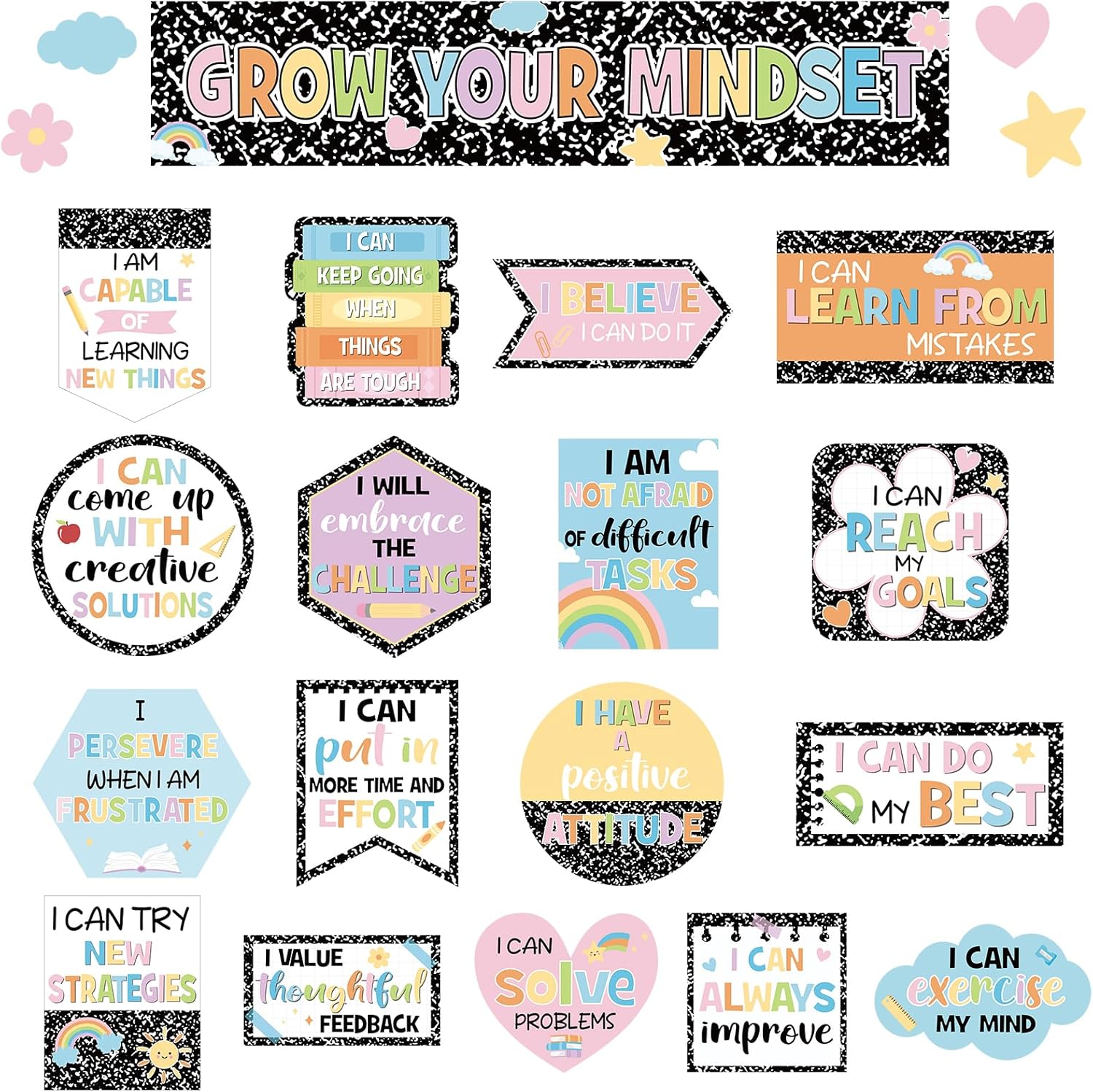 Amazon.com: 24Pcs Composition Classroom Bulletin Board Decor Girl Style ...