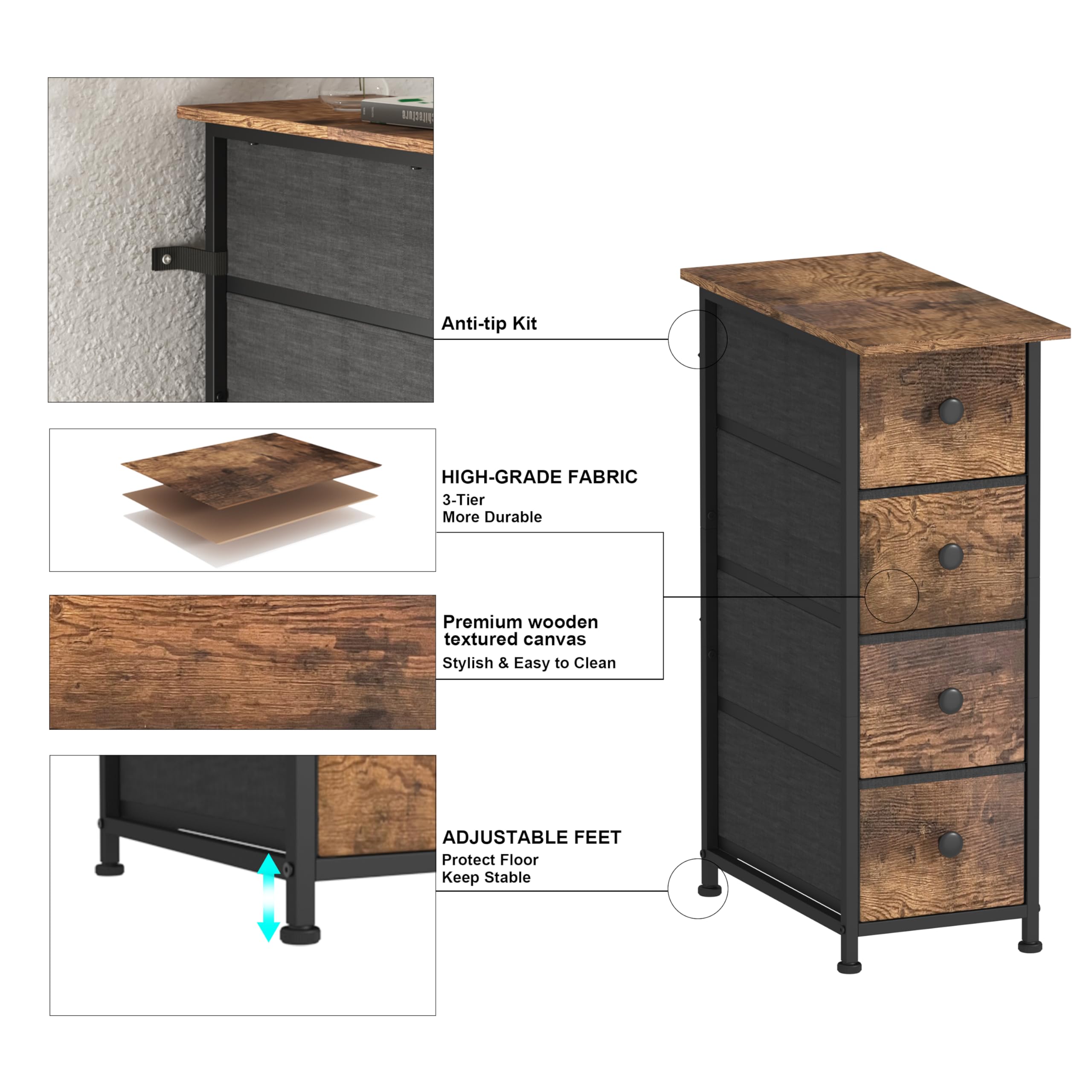 Small Bedside Table Narrow 5-Drawer Storage Tower - Vertical Slim ...