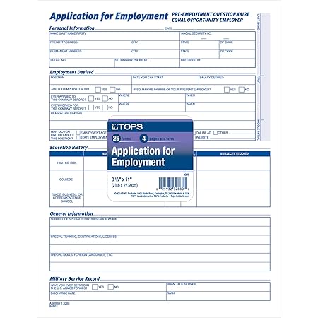Amazon.com : TOPS 8 1/2 x 11 Inch Employee Application 50 Sheet Pads, 2 ...