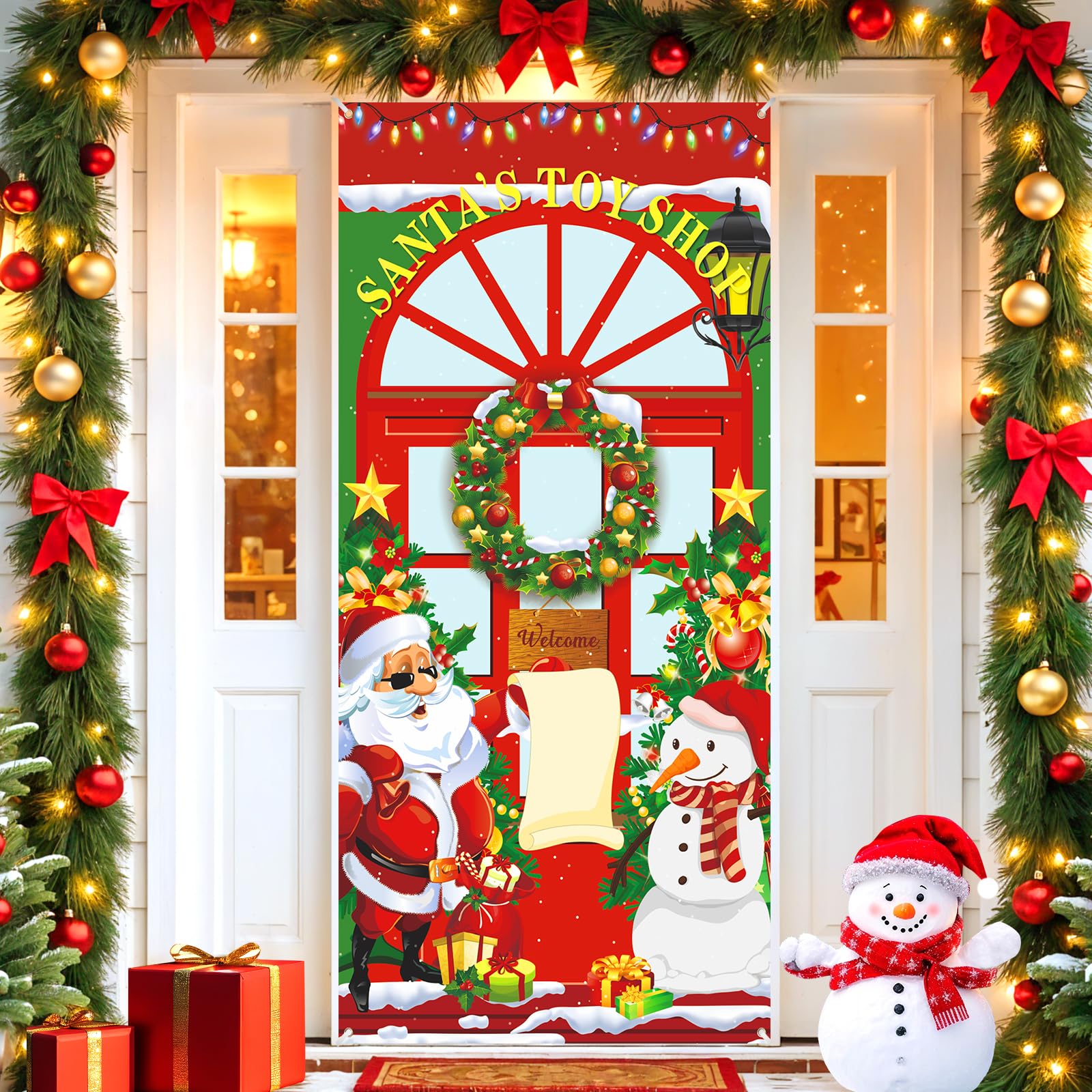 Amazon.com: Christmas Door Cover Decorations Santa's Toy Shop Door ...