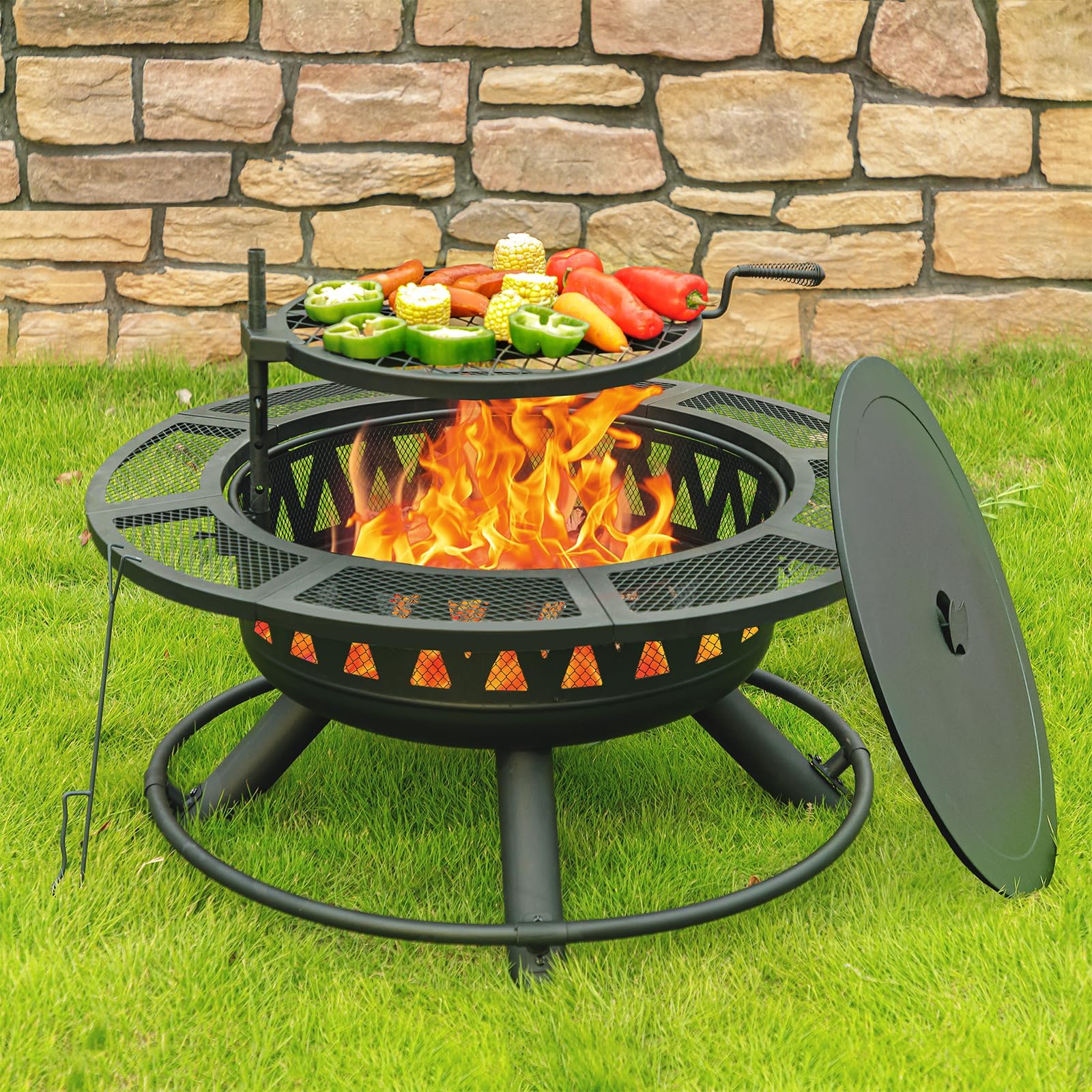 Amazon.com : 2 in 1 Fire Pit with Cooking Grate 30'' Wood Burning ...