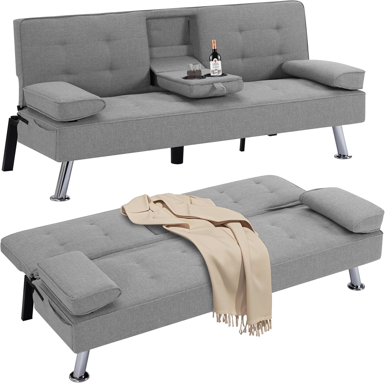 Amazon.com: Linen Upholstered Tufted Futon Sofa Bed With Cupholders ...