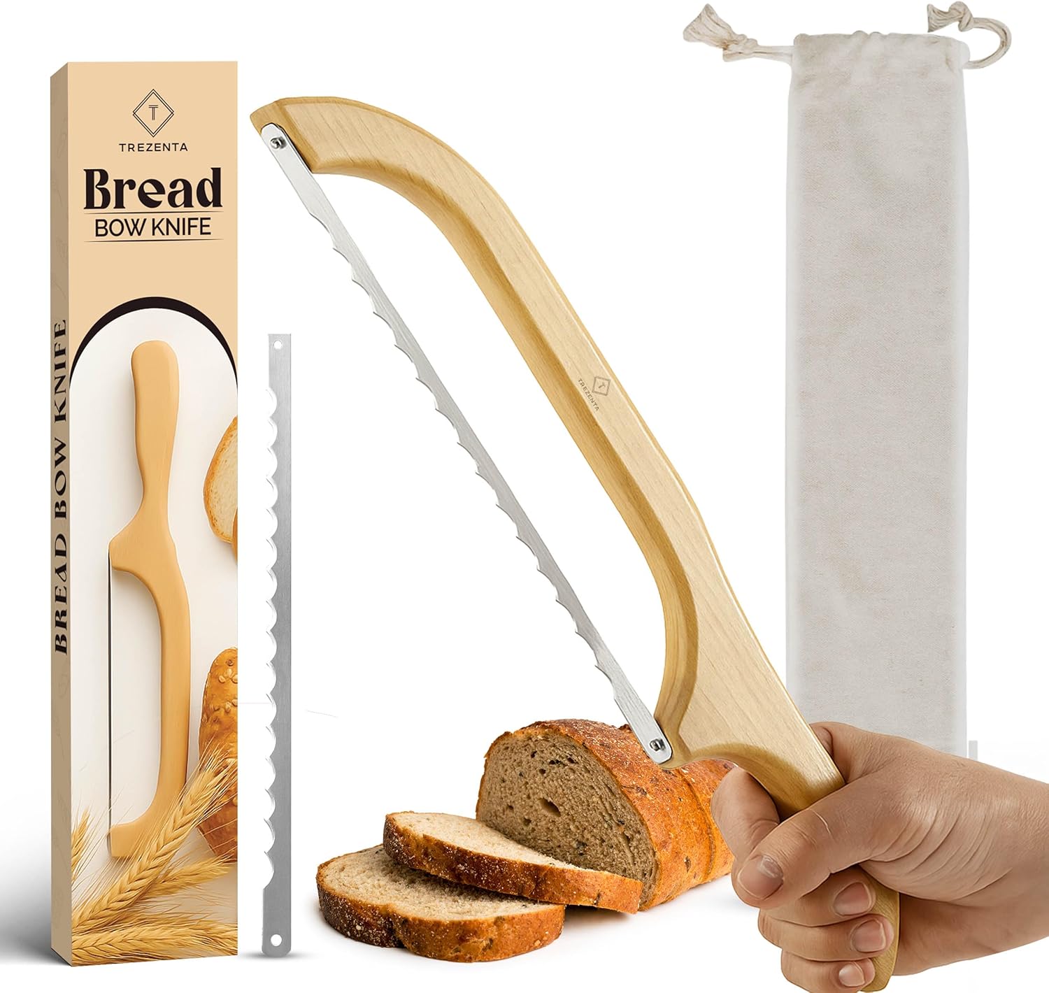 Amazon.com: TREZENTA Wooden Bread Bow Knife, 15.7'' Serrated Bread ...