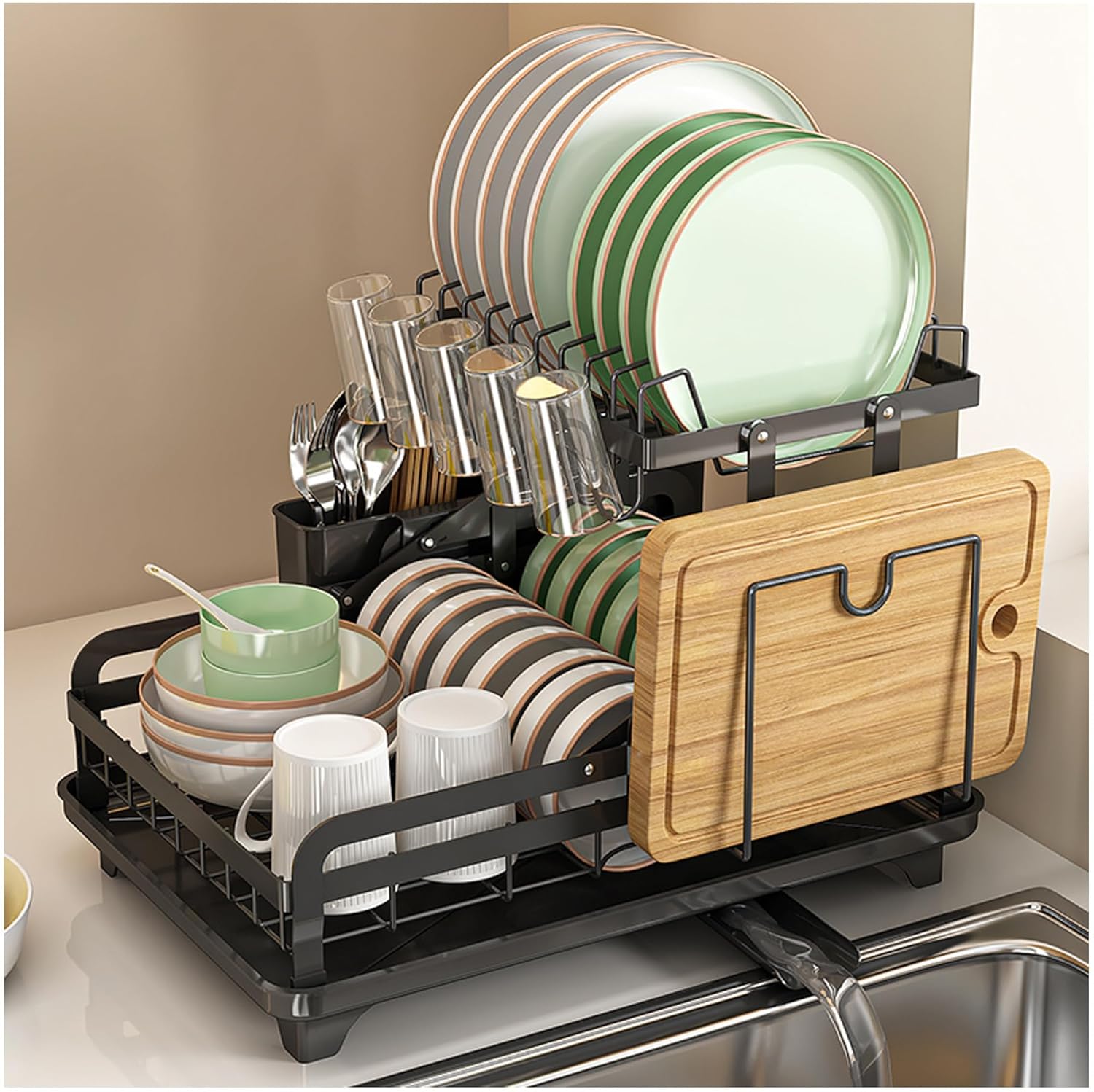 ChioSun 2 Tier Dish Drainer Rack with Drip Tray, Large Capacity Kitchen ...