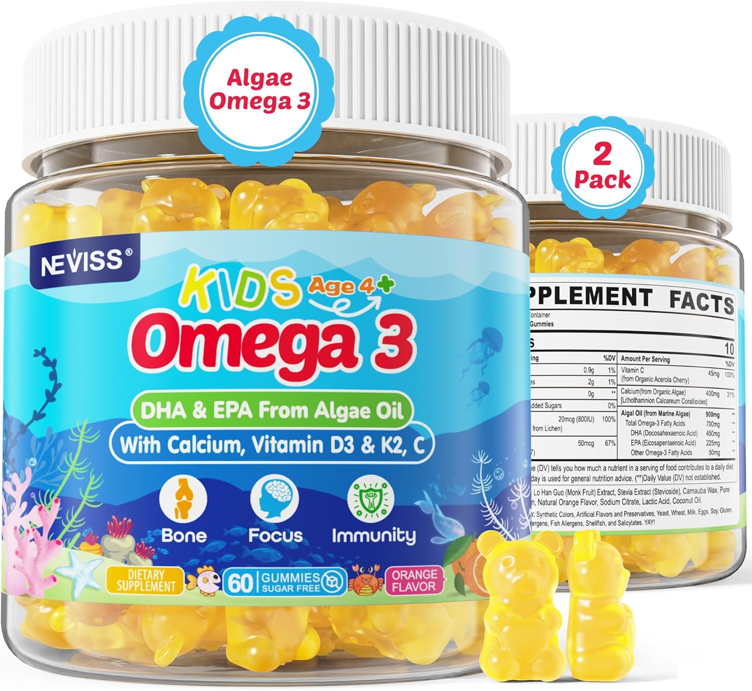 Amazon.com: Kids Omega 3 Gummies + Calcium, Vitamin D3 & K2, C, Omega-3 ...