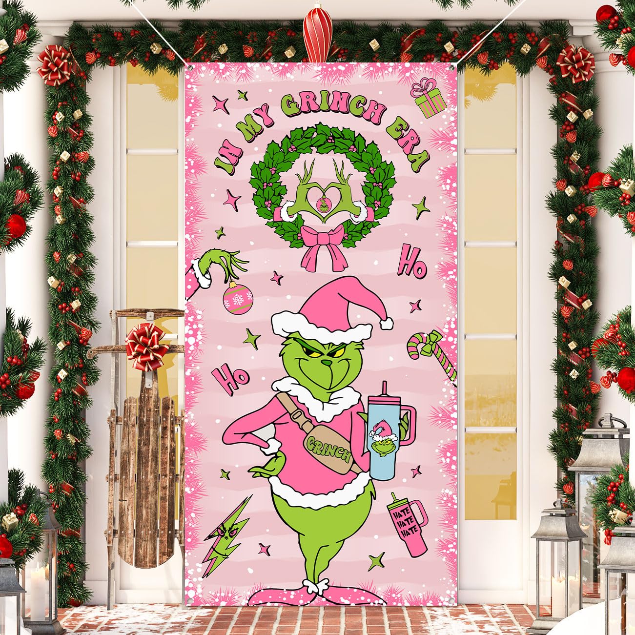 Amazon.com: Pink Christmas Banner Christmas Door Cover Pink Christmas ...