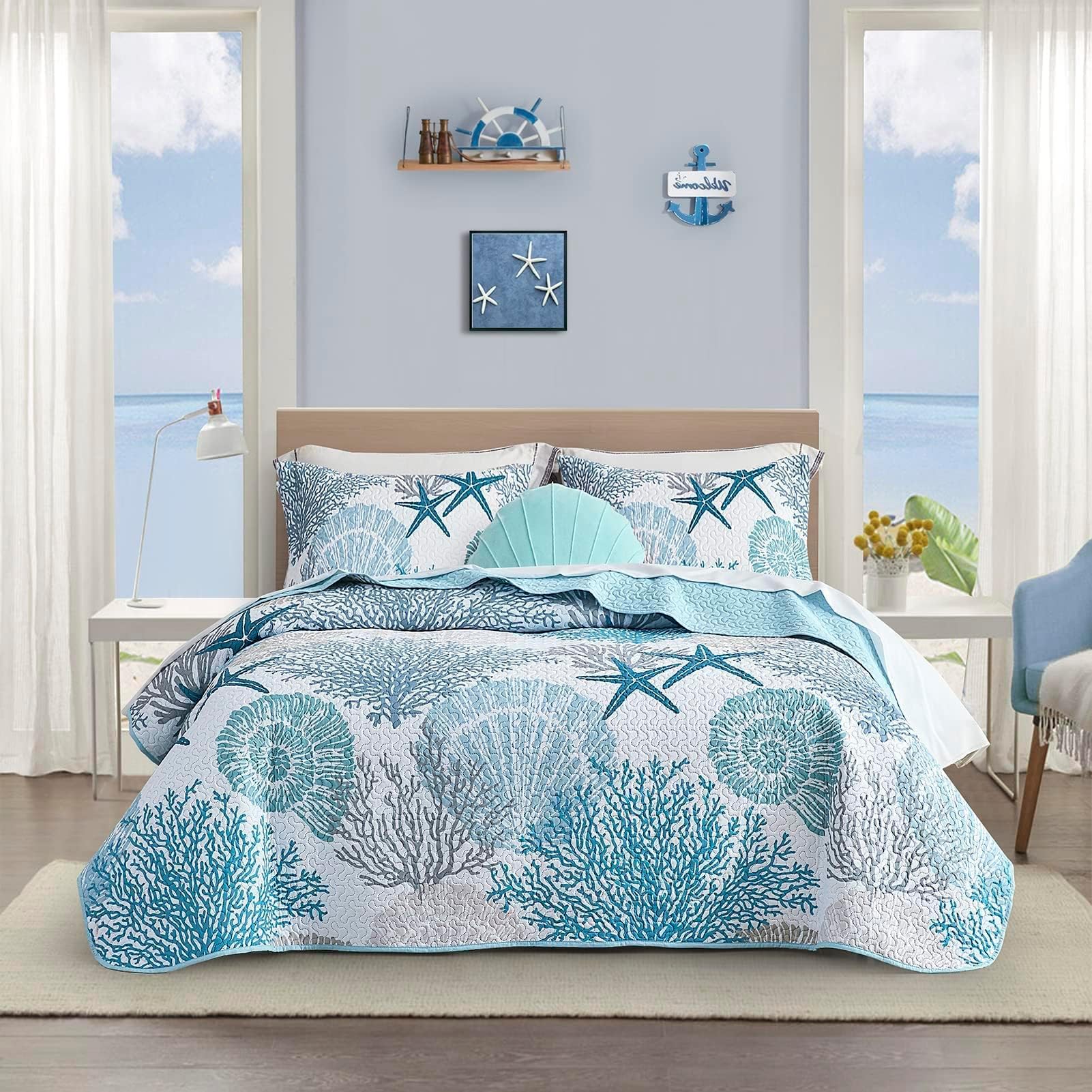 Amazon.com: Grand Linen 3-Piece Tropical Coast Seashell Beach Queen ...