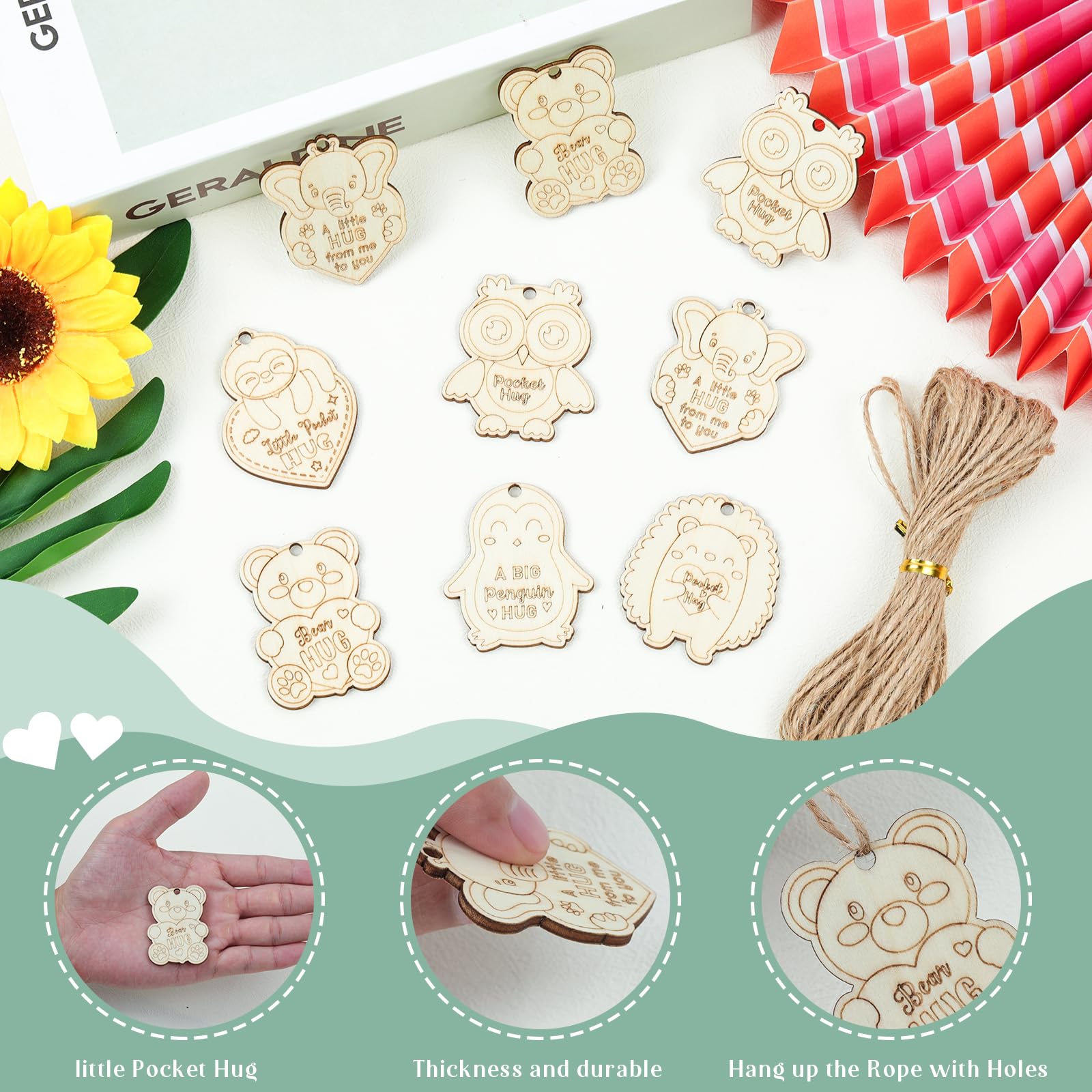 24PCS Little Pocket Hug, Animal Wooden Pocket Hug Heart Token Pocket ...