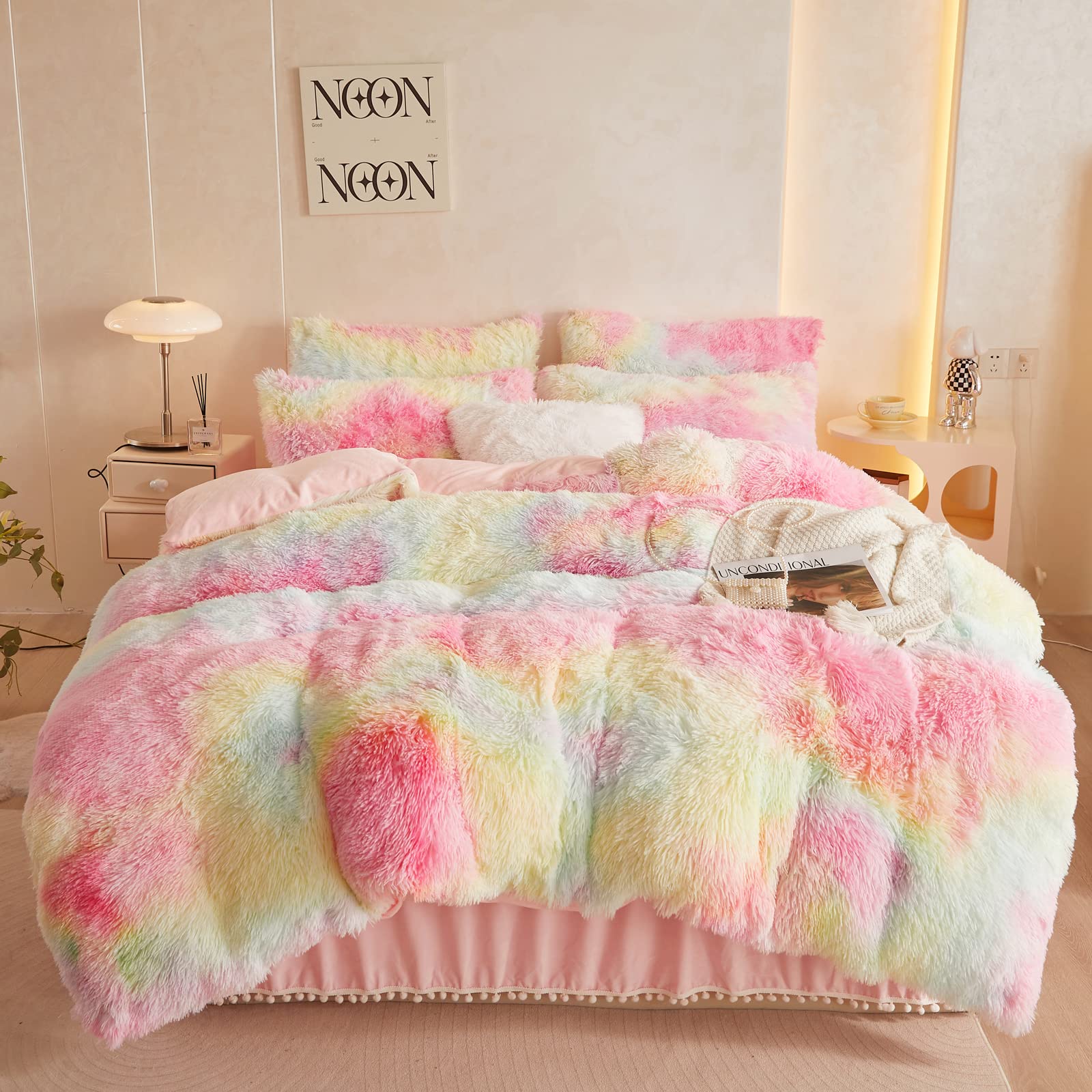 Amazon.com: HAIHUA Fluffy Comforter Cover King Set，Faux Fur Comforter ...