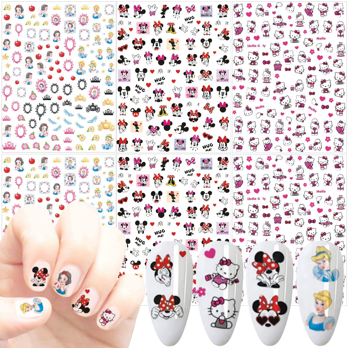 6 Sheets Cute Nail Art Stickers Cartoon Nail Decals 3D Self Adhesive ...
