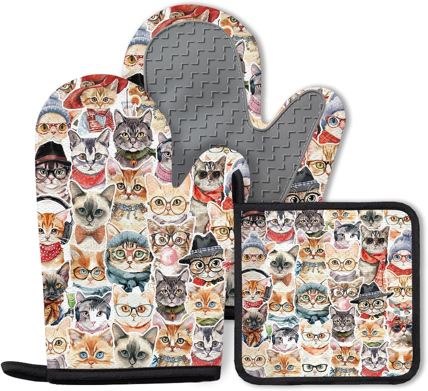 Amazon.com: Cute Cat Oven Mitts and Pot Holders Sets 3PCS, Cat Silicone ...