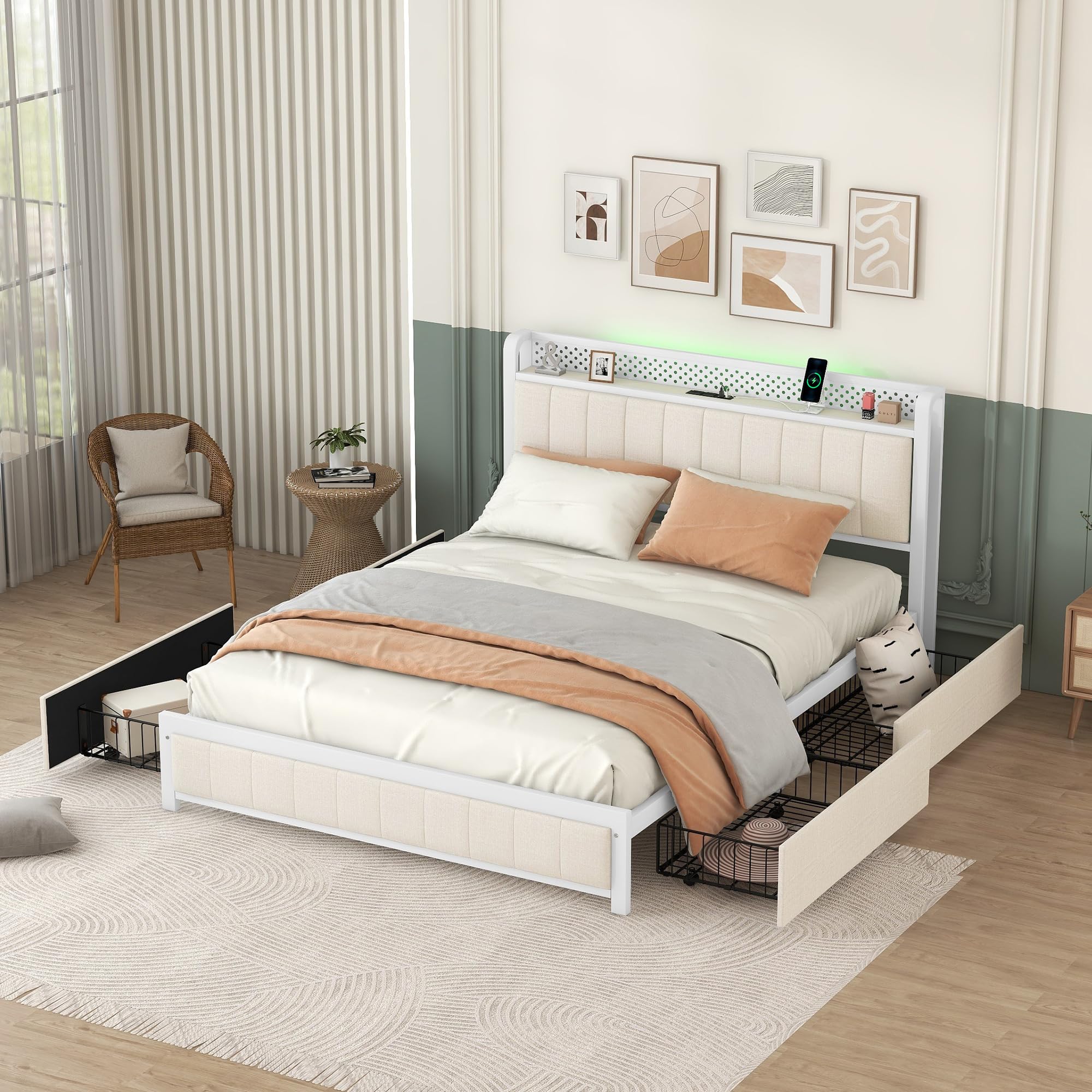 Snapklik.com : FurGenius Queen Size Linen Upholstered Platform Bed
